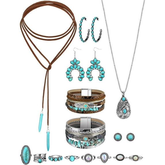 15PCS Bohemian Jewelry Set with Turquoise Necklace, Dangle Earrings ...