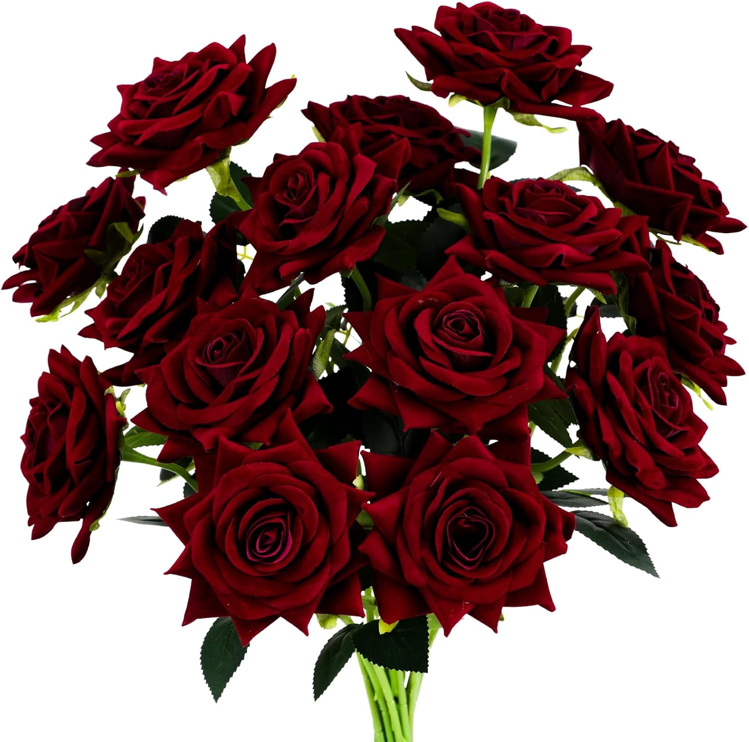 15PCS Burgundy Roses 4.33" Velvet Flowers with Long Stem Fake Roses for ...