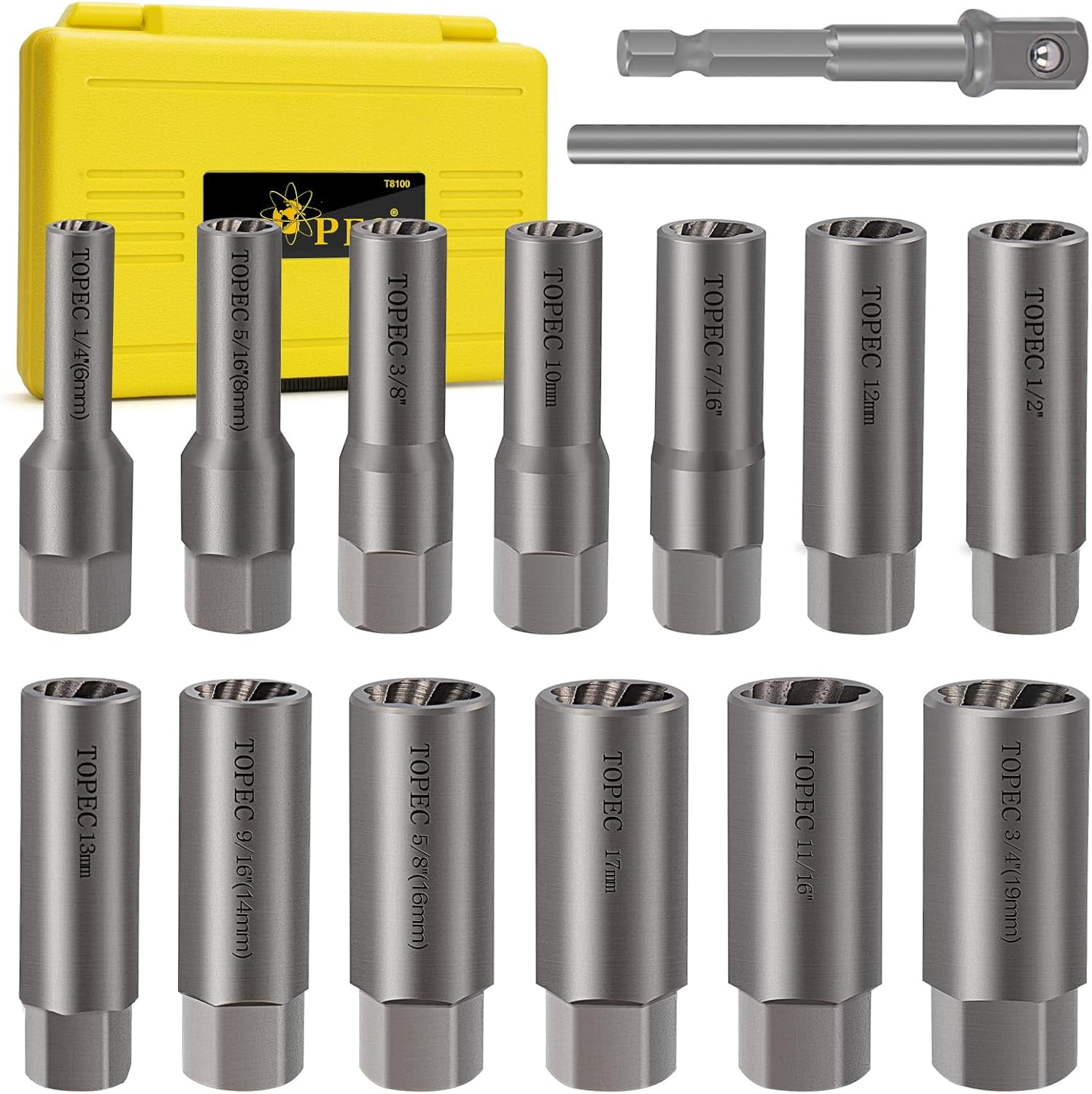 15PCS Deep Bolt Extractor Kit, 6mm-19mm Nut Extractor Socket Set, 3/8" Drive Rounded Bolt ...