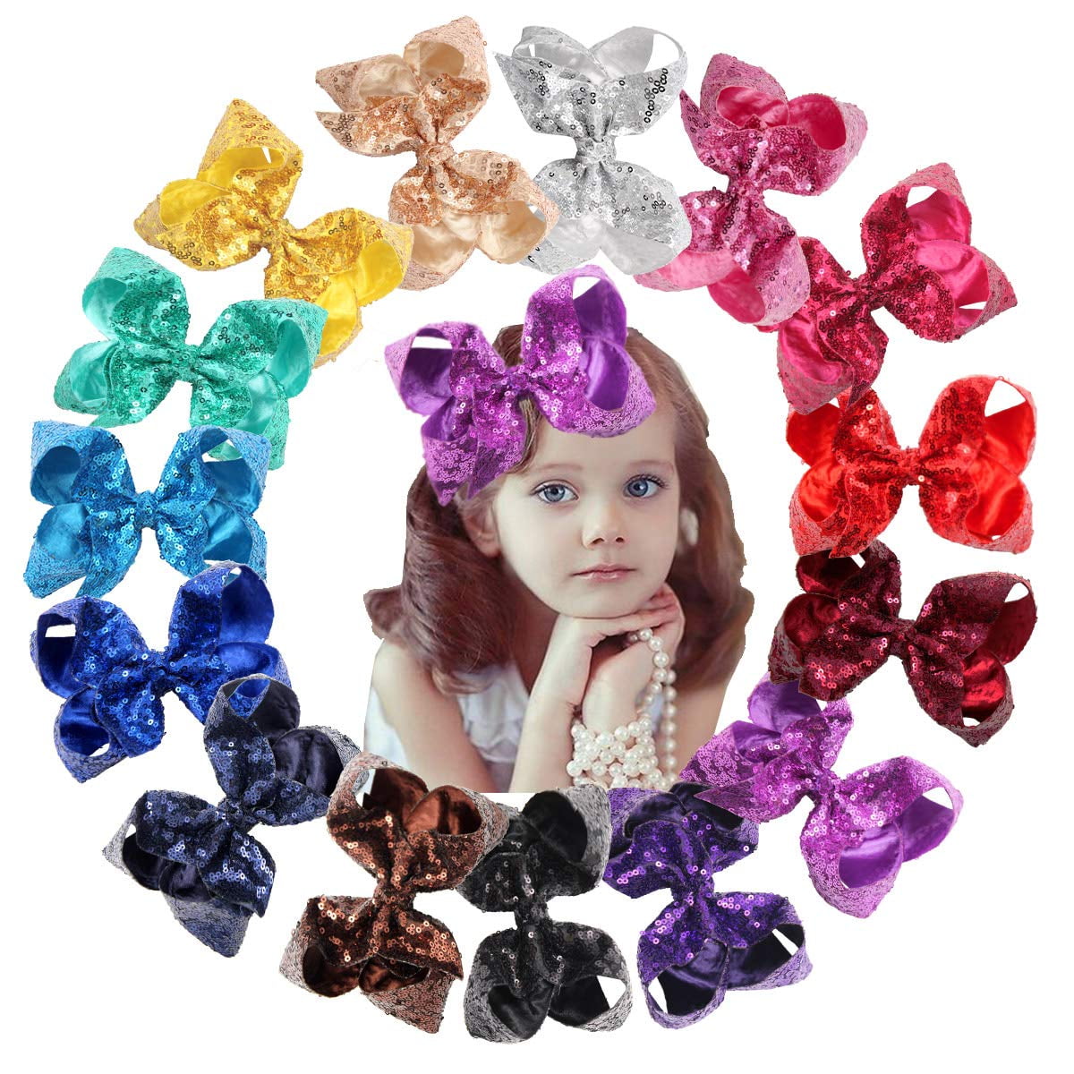 15PCS Large Sequin Hair Bows with Clips Sparly Rainbow Bow Hair ...
