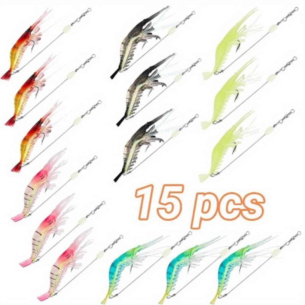 15PCS Soft Plastic Shrimp Lures Set with Luminous Hooks, for Saltwater ...