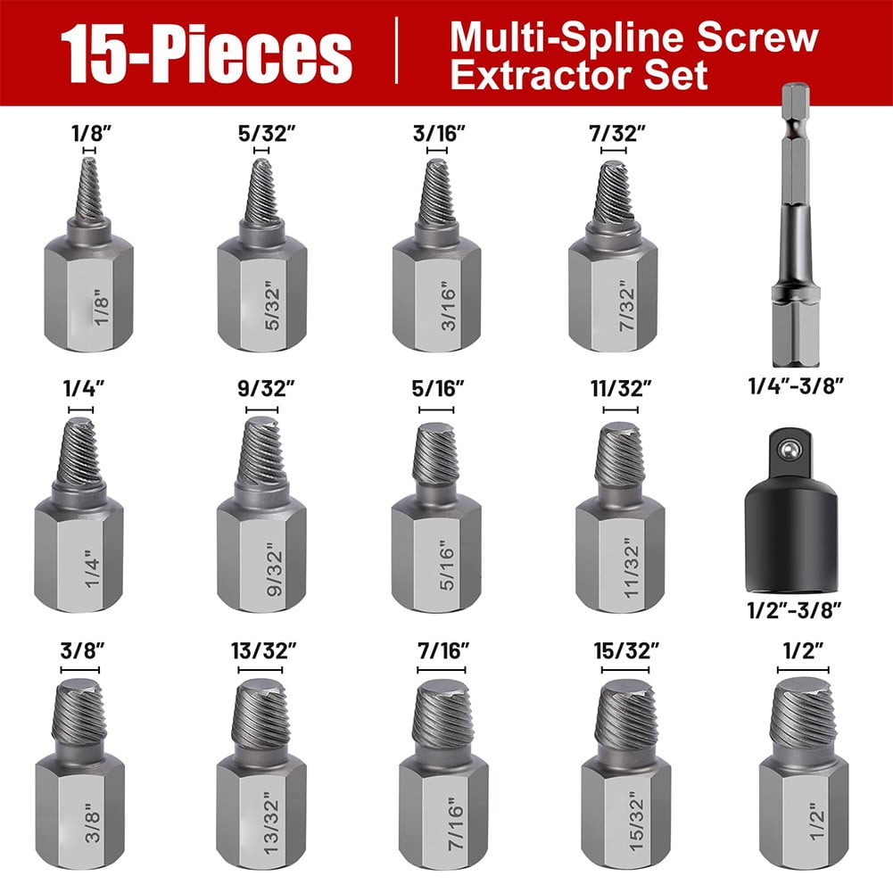 15Pc Damaged Screw Extractor Set Broken Screw Remover Kit Easy Out Hex ...