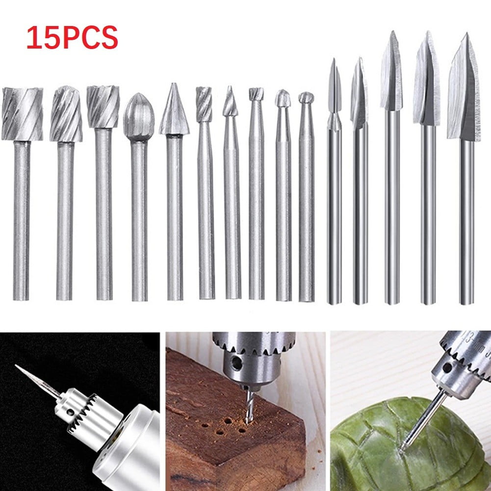 15Pc Wood Carving Drill Bit Set 1/8 Shank Hss Engraving Rotary Burrs ...