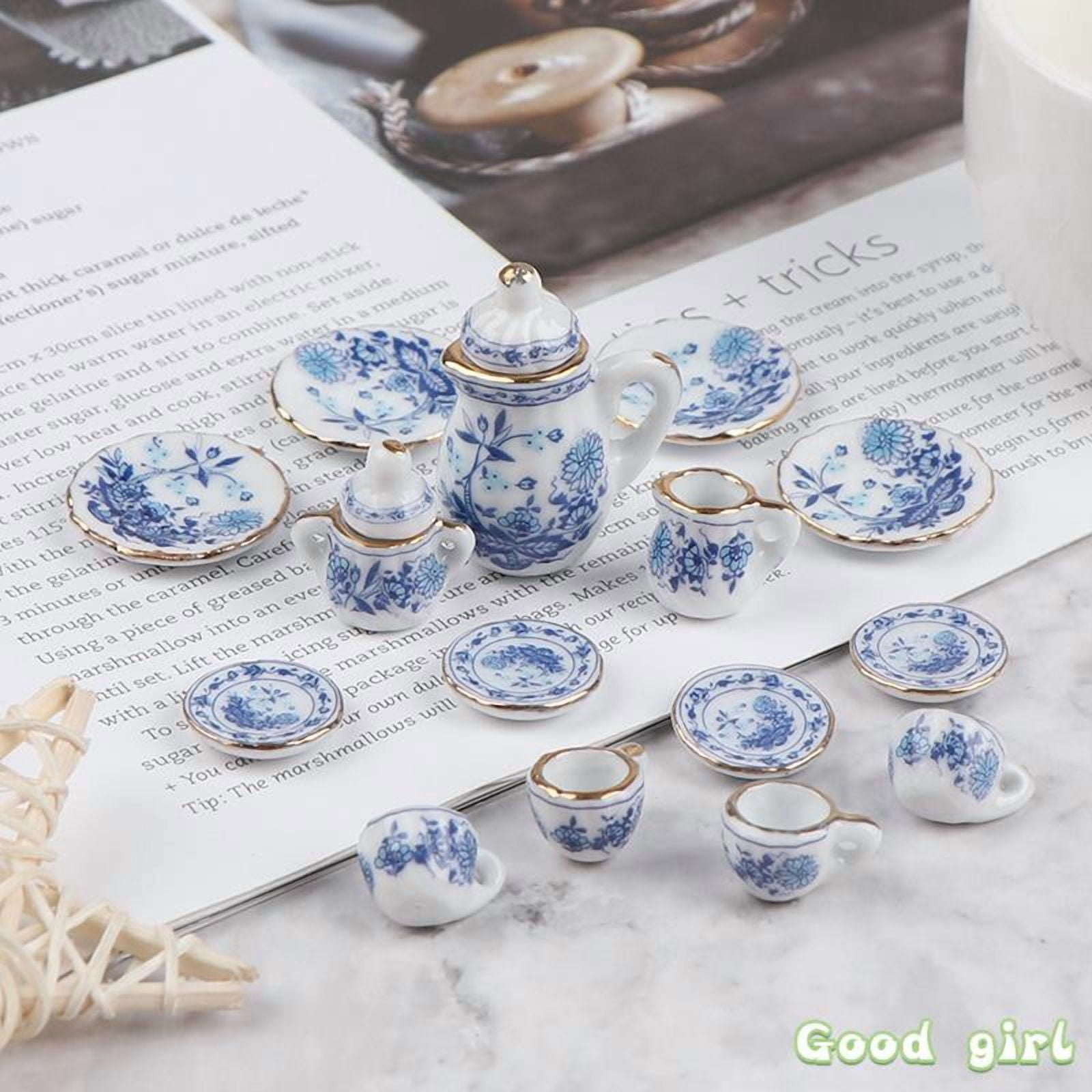 15Pcs 1:12 Miniature Porcelain Tea Cup Set Flower Tableware Kitchen ...