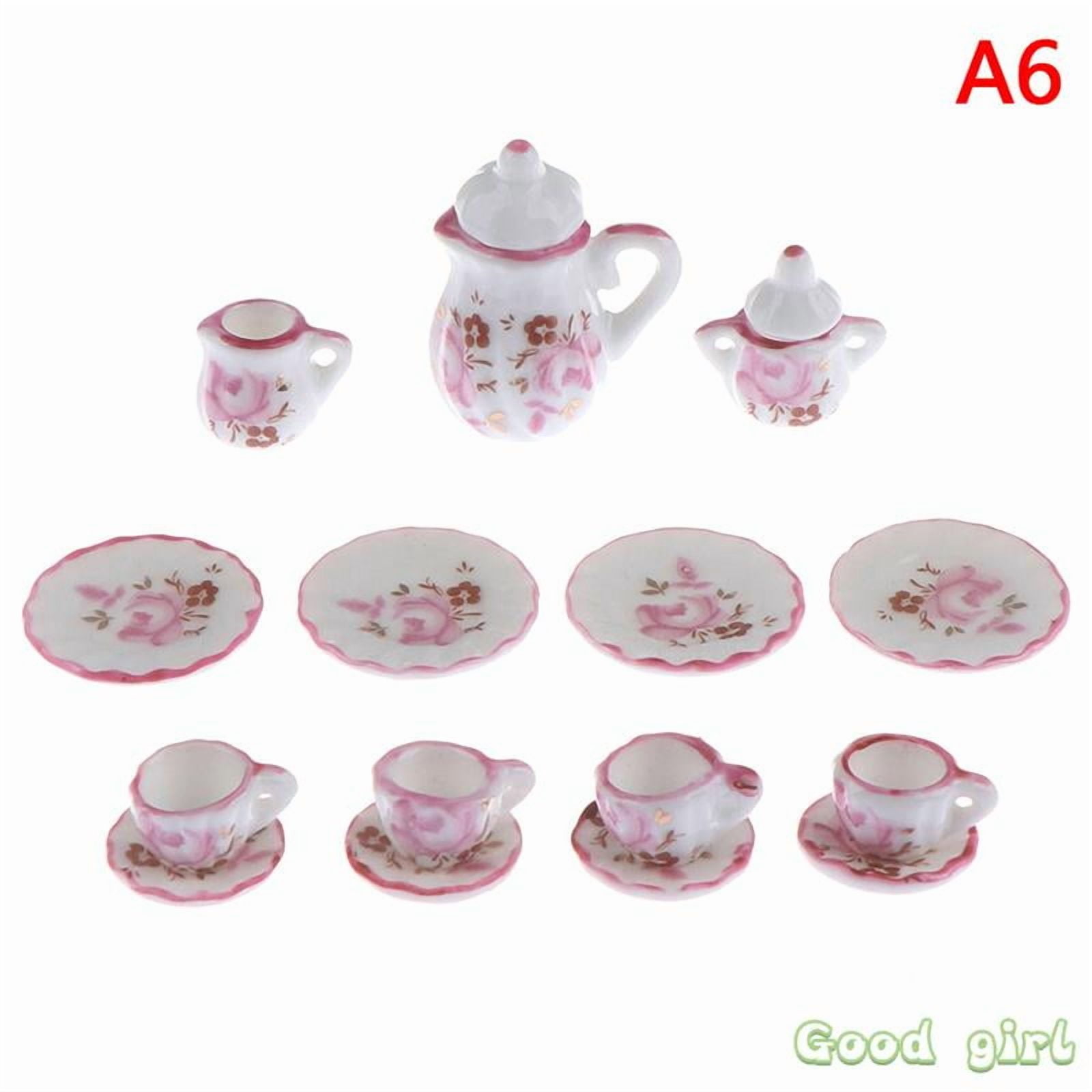 15Pcs 1:12 Miniature Porcelain Tea Cup Set Flower Tableware Kitchen ...