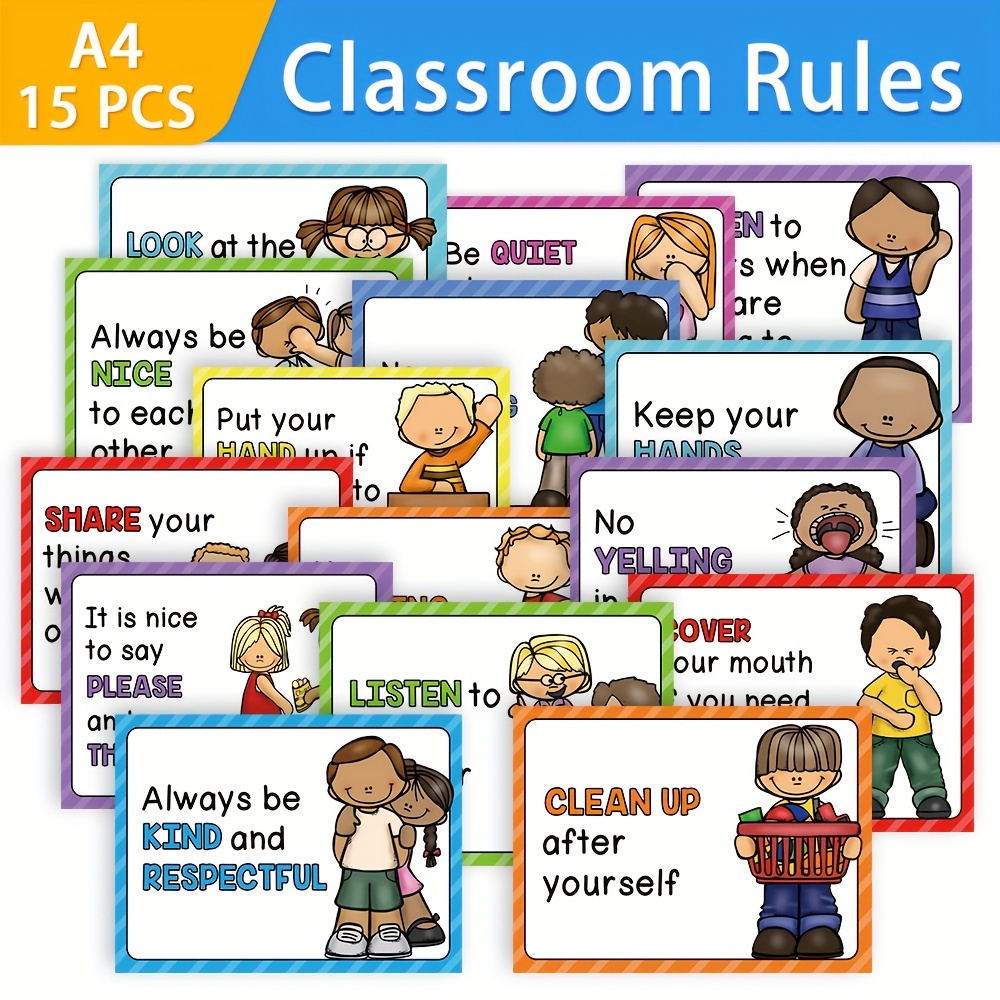 15Pcs A4 Classroom Rules Kindergarten Wall Decoration Poster Big Cards ...