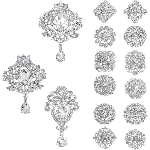 15Pcs Brooches 15 Style Rhinestone Flower Brooch Pins Badges Brooch Pin ...