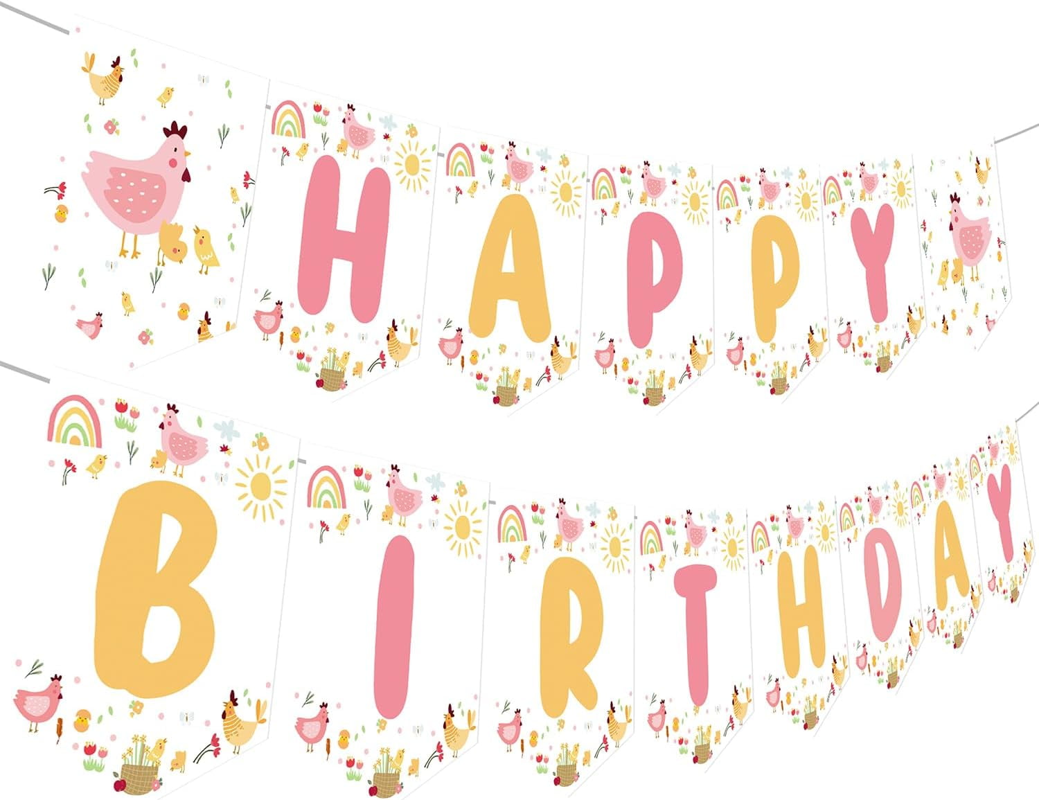 15Pcs Chicken Themed Happy Birthday Banner, Yellow Chicken Farm Animals ...