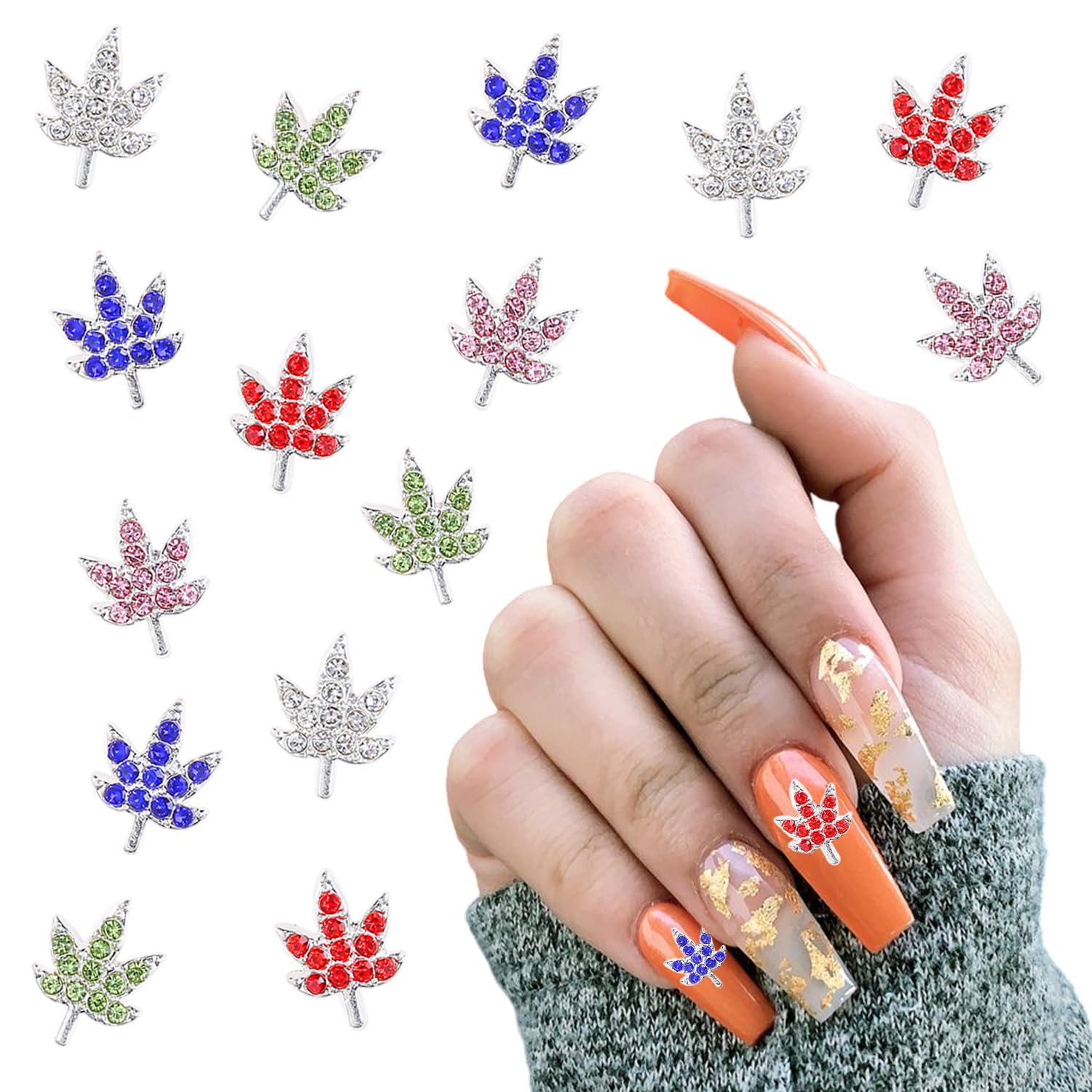 15Pcs Maple Leaves Nail Rhinestones Metal Alloy Fall Nail Charms Pink ...