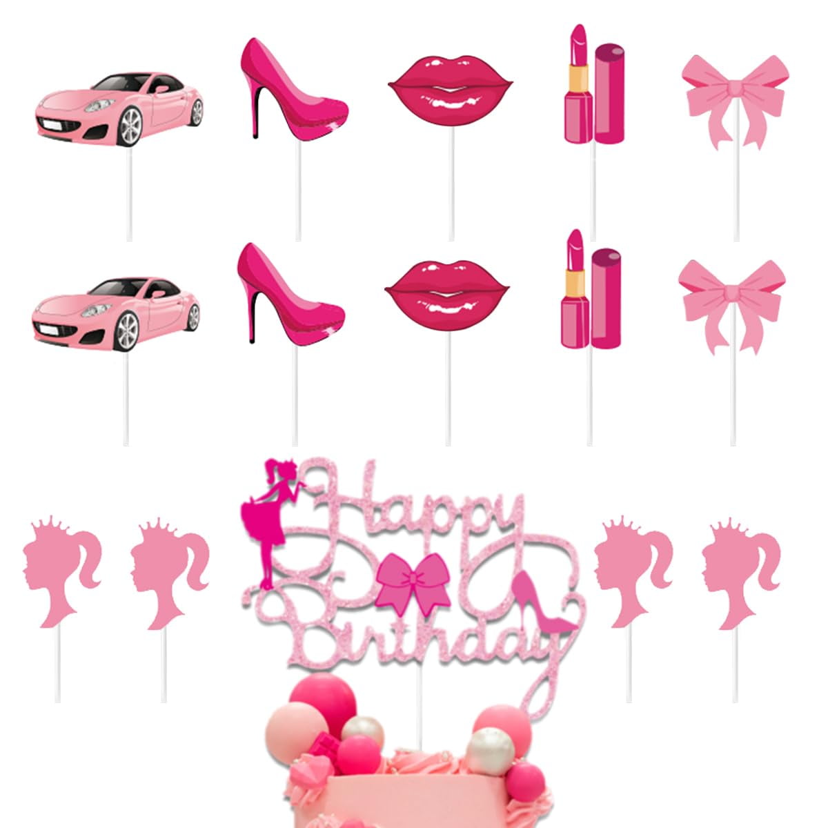 15Pcs Princess Cake SCH4 Topper for Girl Women Hot Pink Girl Birthday ...