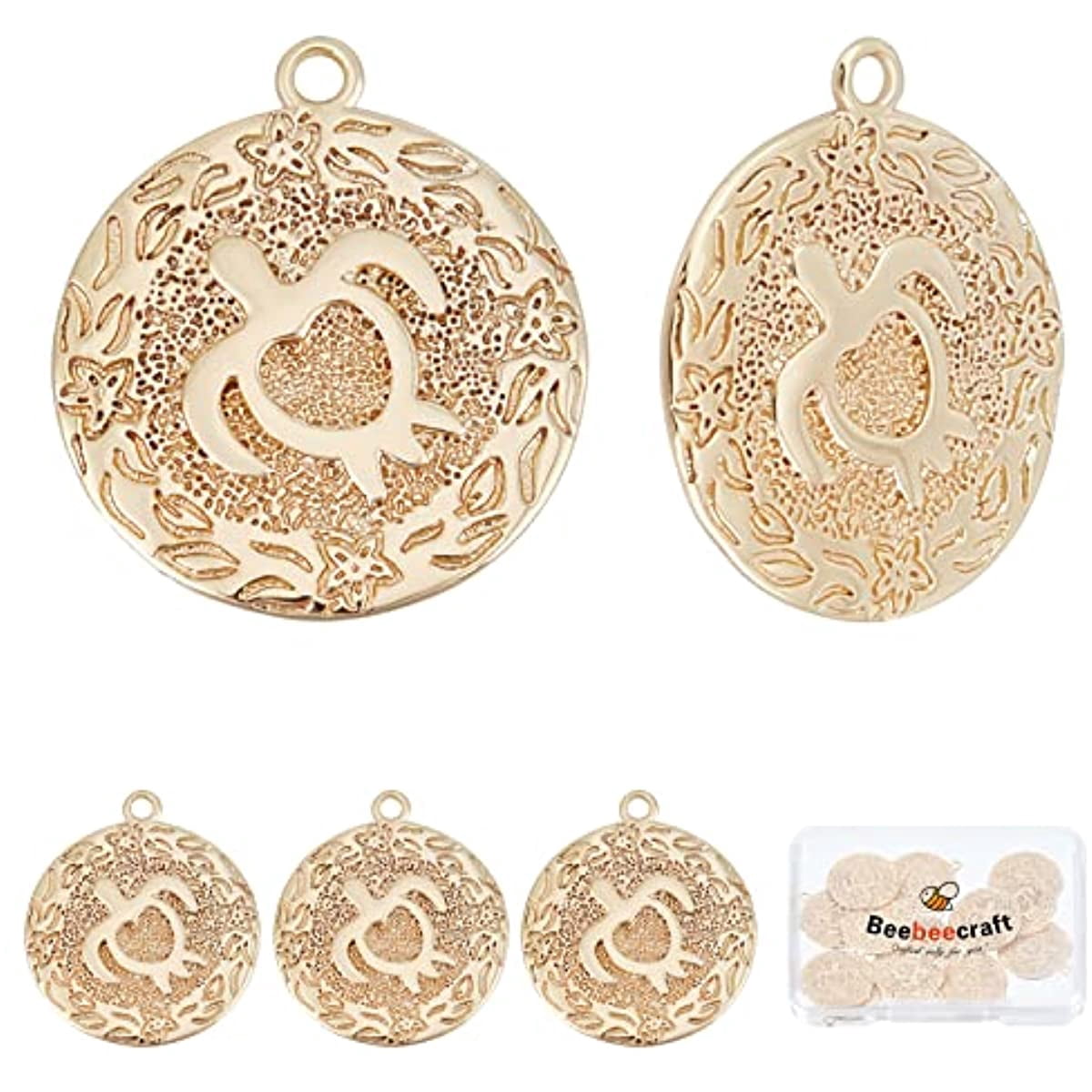 15Pcs Sea Turtle Charms 18K Gold Plated Flat Round Pendant with ...