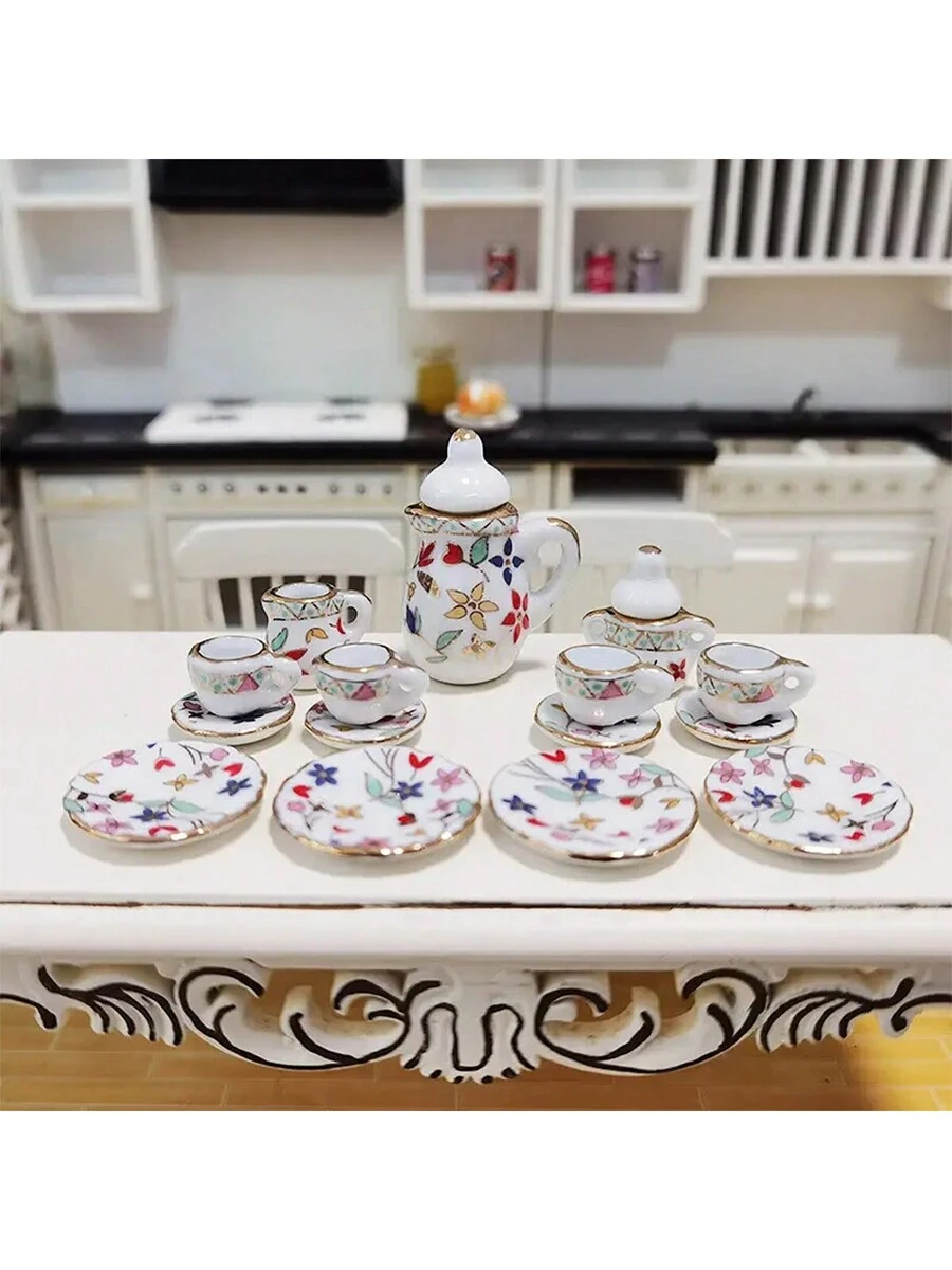 15Pcs/Set Vintage Miniature White Porcelain Tea Set Pot Cup Plate ...