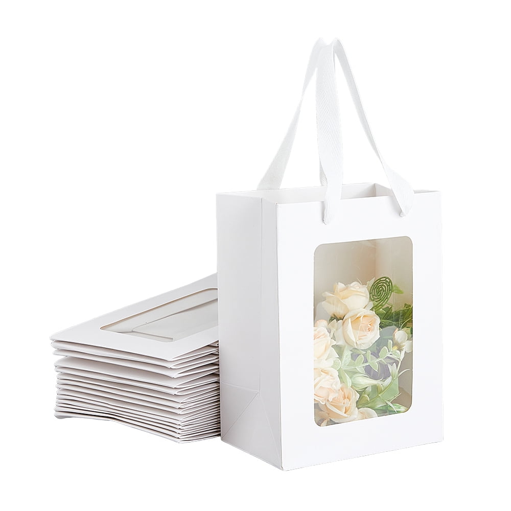 15Pcs Small White Gift Bags with Window Bulk 7.87x5.91x3.9 Paper Flower ...