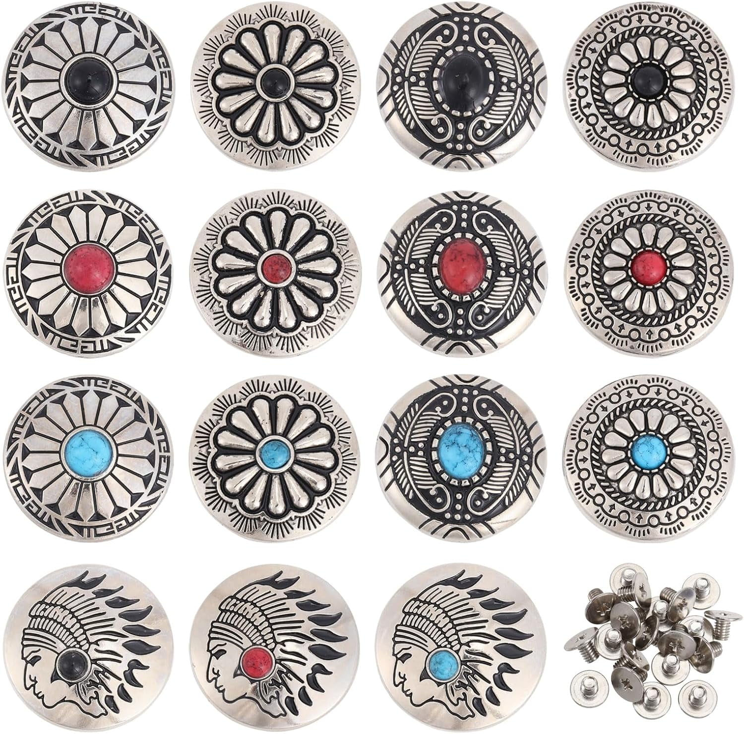 15Styles Turquoise Screw Back Button Flower Indian Head Decorative ...