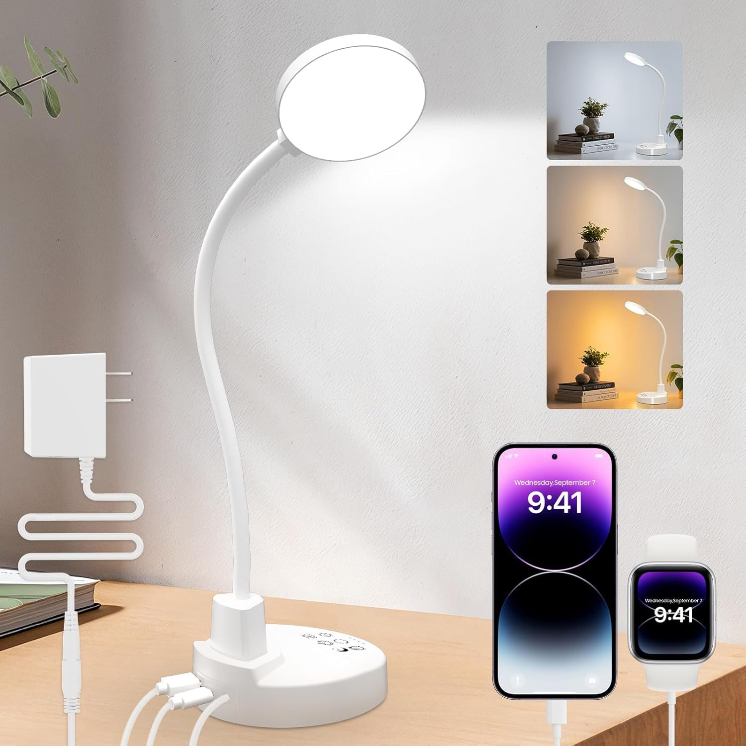 15W Desk Lamp with Ports - Dimmable Table Lamp with 3 Color Temps, 5 ...