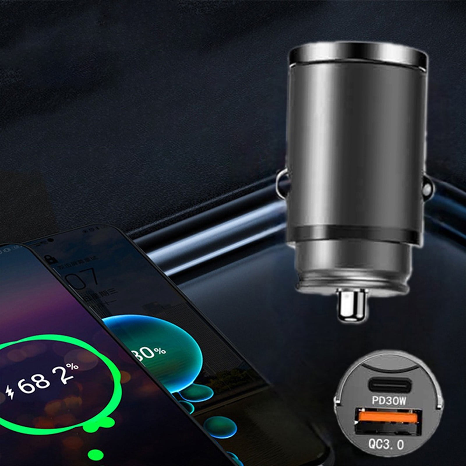 15W Fast Pull Ring Car Charger, PD30W QC3.0 Aluminum Metal, 5A Super ...