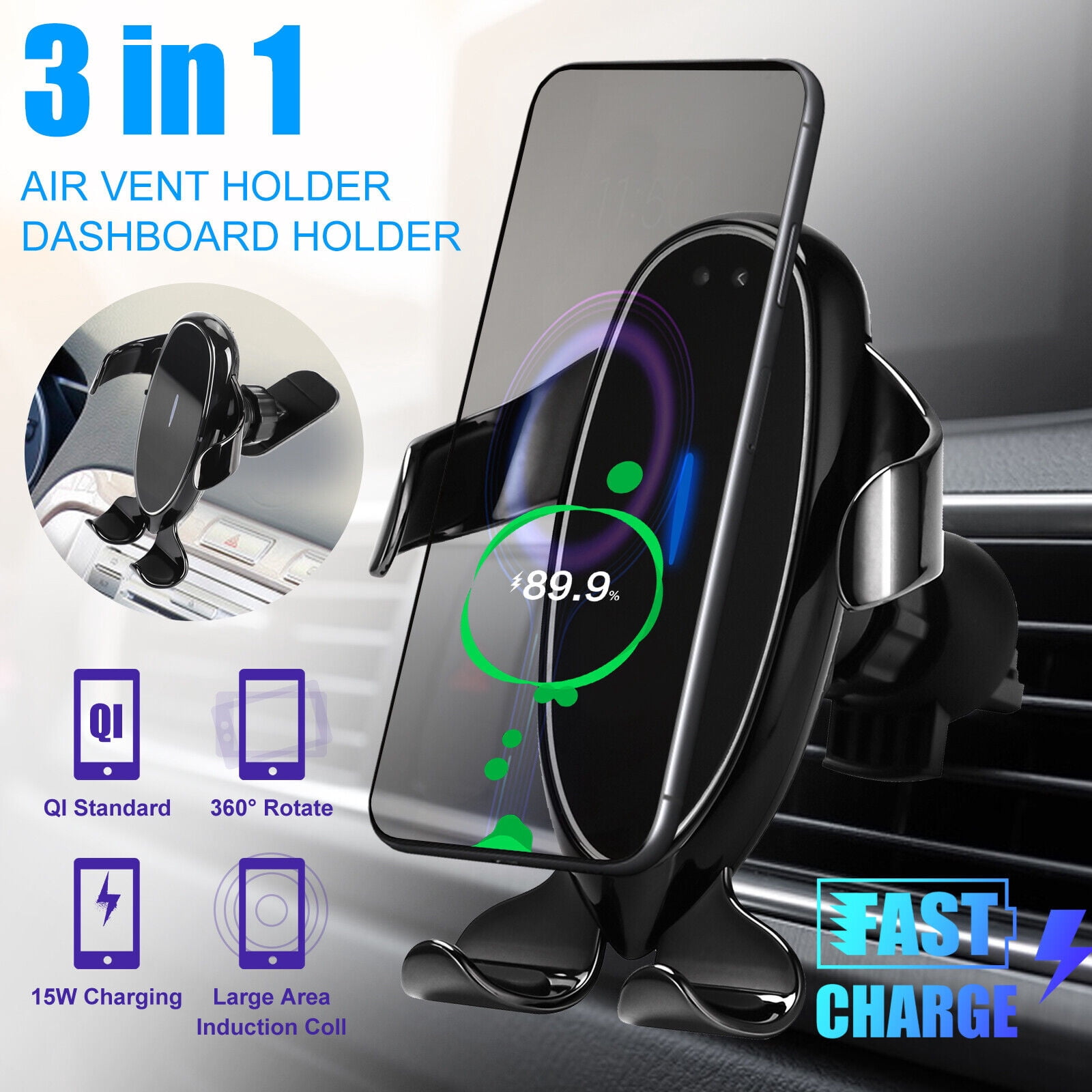15W Qi Wireless Charger Fast Charging Stand Air Vent Holder For iPhone ...