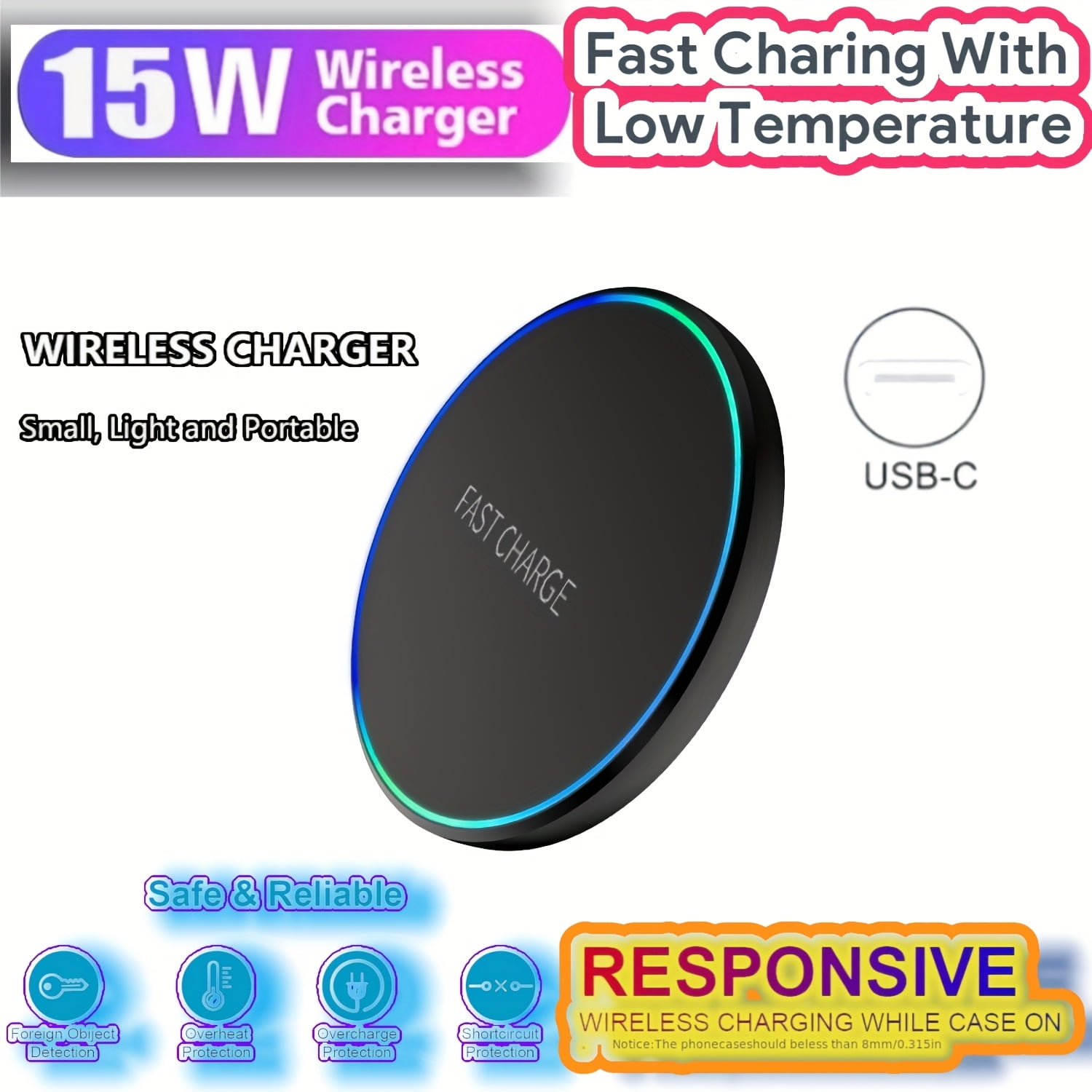 15W Ultra Thin Wireless Charging Pad with LED Indicator, Portable Round ...