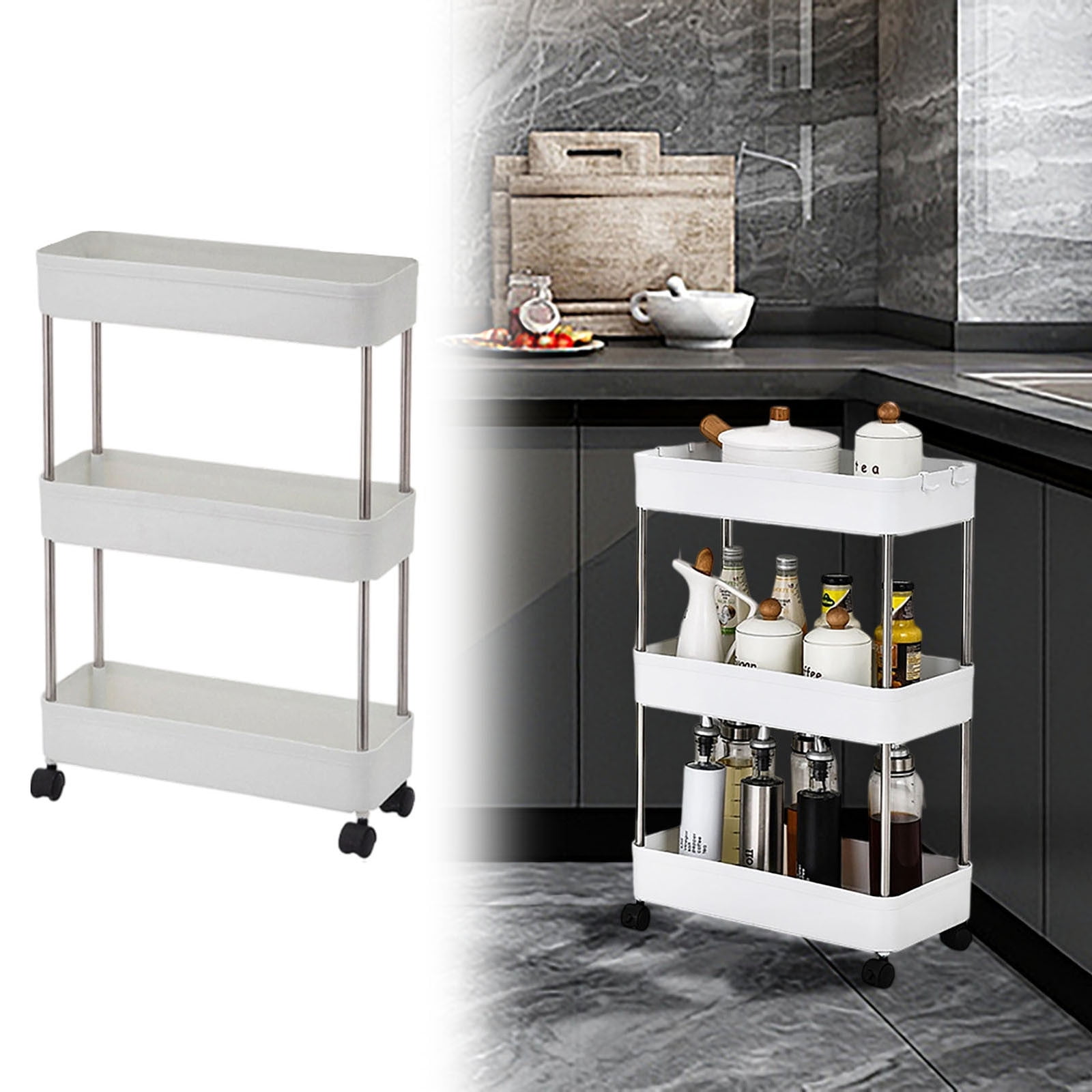 15cm Shelf 3-Tier Slim Mobile Shelving Unit on Wheels, Slide Out ...