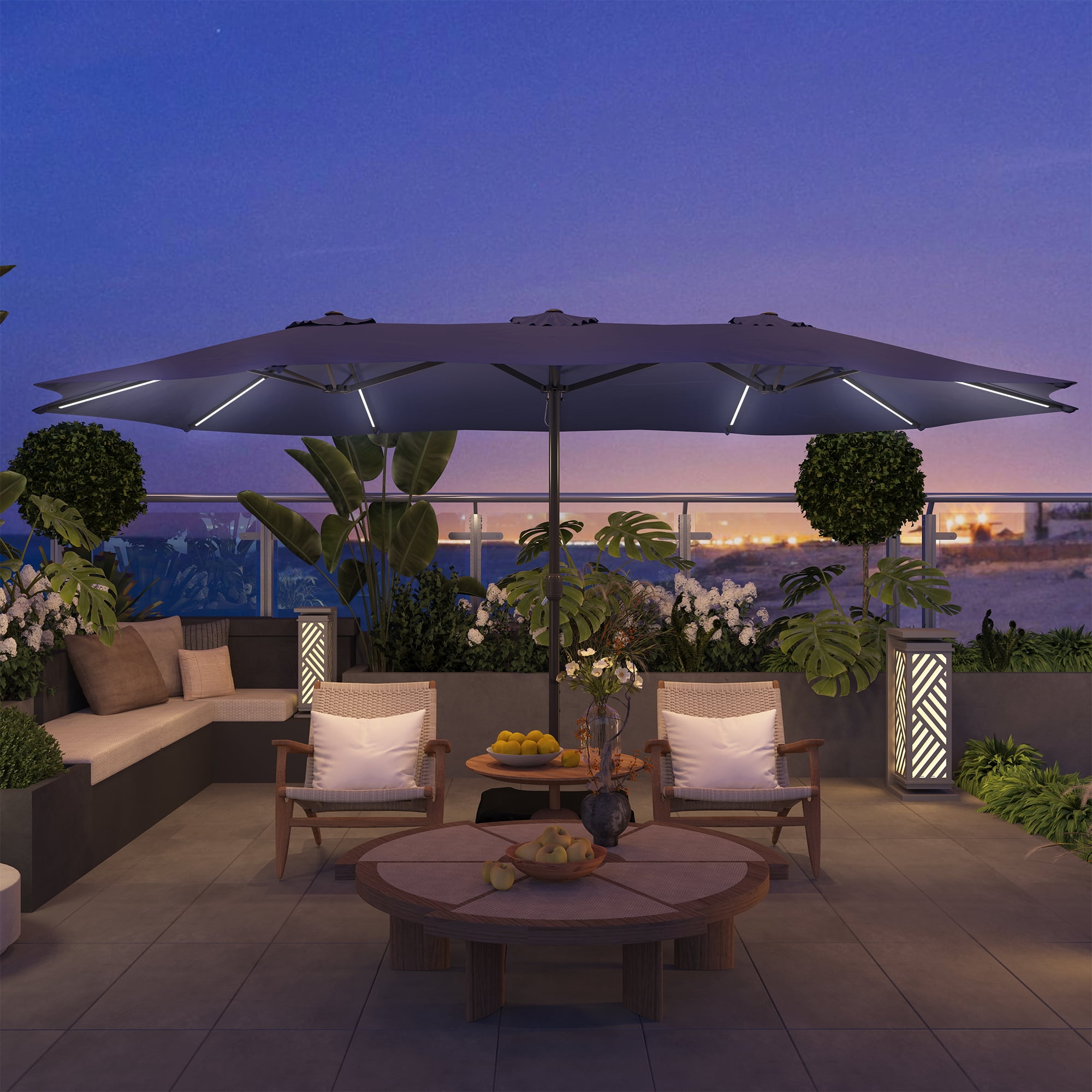 15ft Double-Sided Solar Patio Umbrella with Base (Included) Large ...