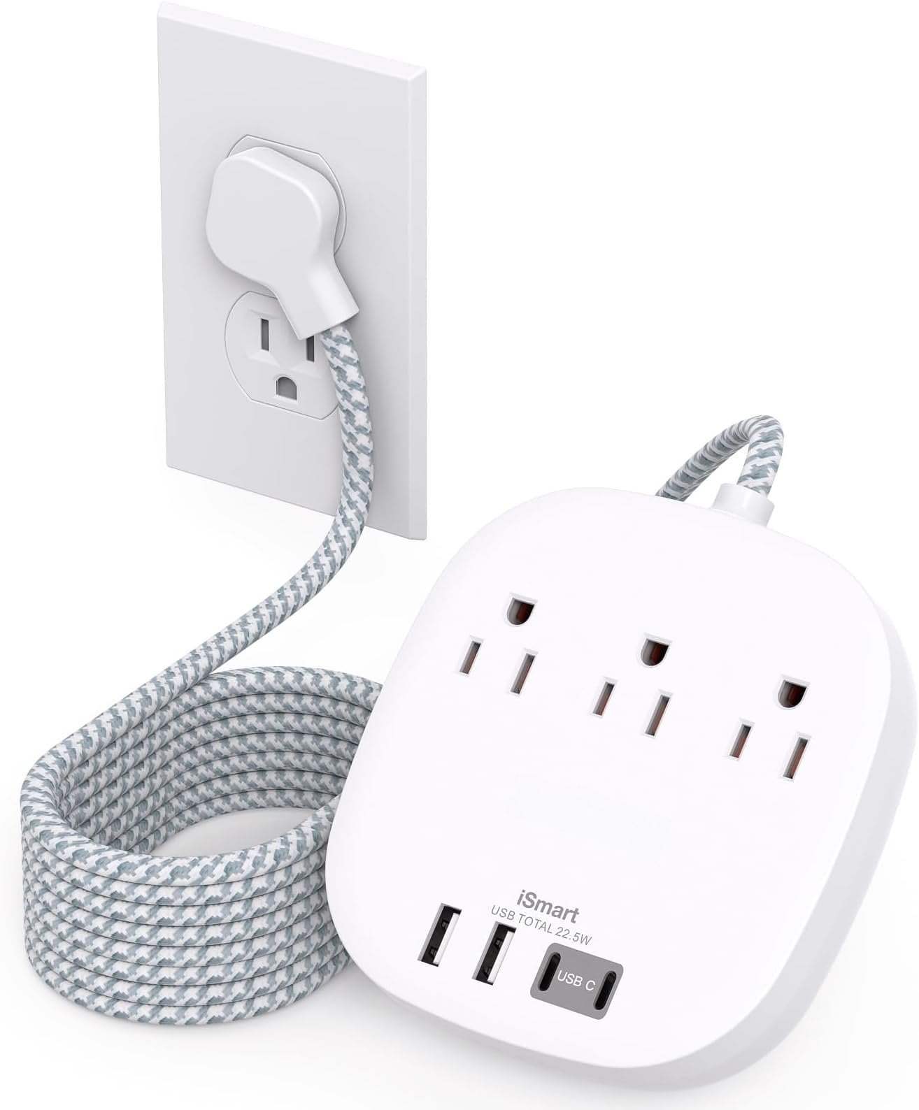 15ft Flat Plug Power Strip, Flat Extension Cord - 3 Outlets 4 Ports (2 ...