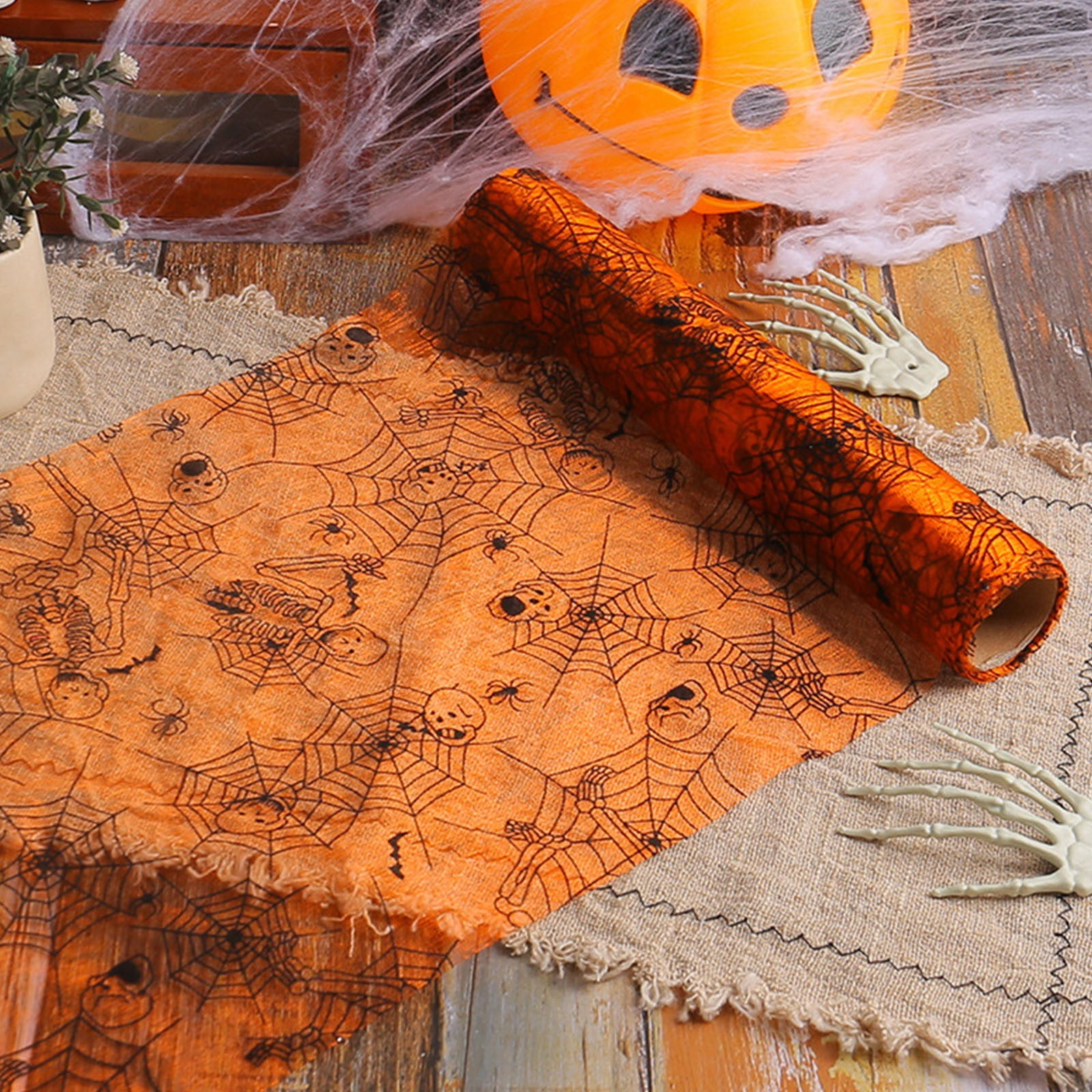15ft Halloween Table Cover - Orange Mesh Net Runner for Spooky Dining ...