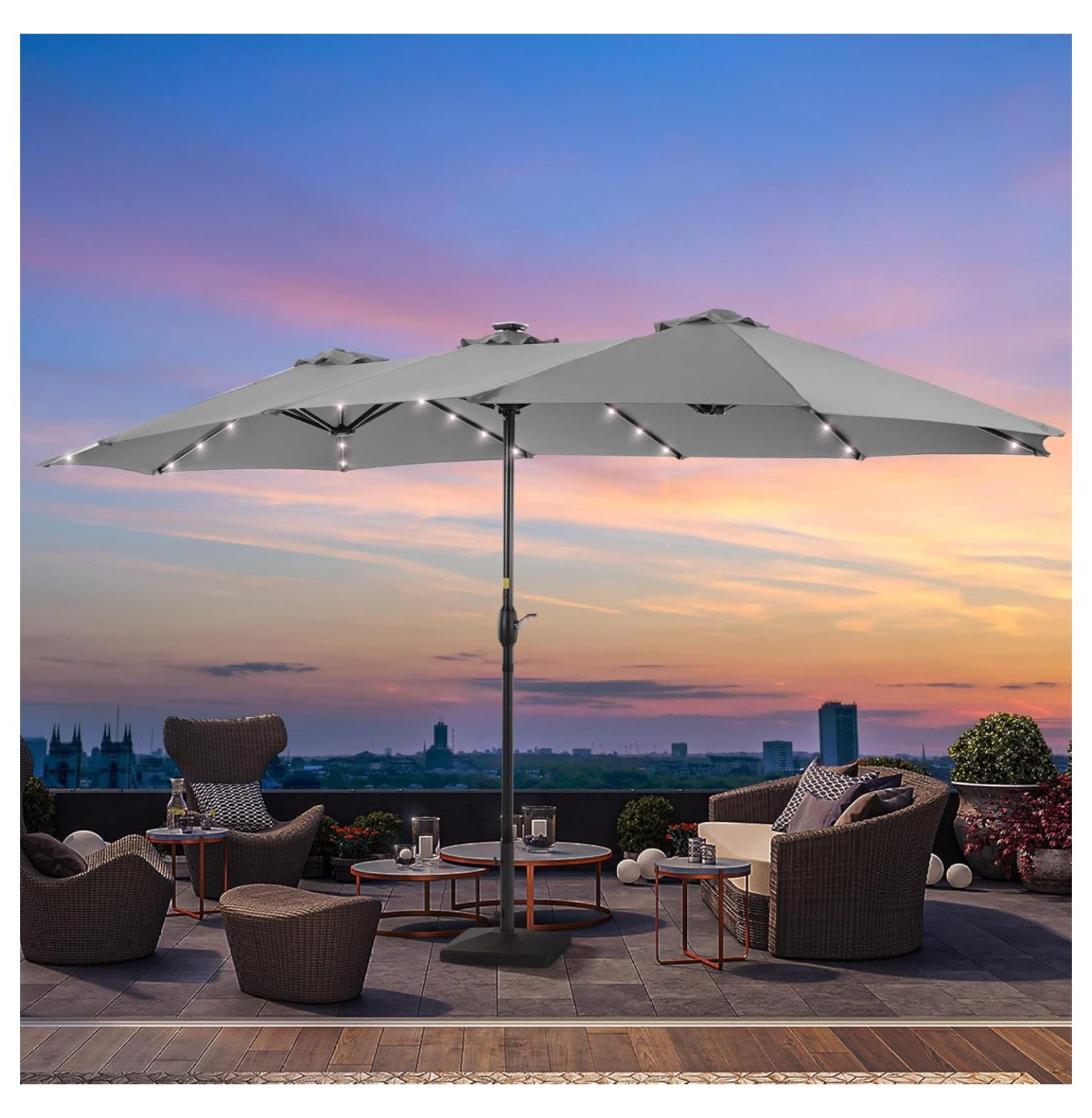 15ft Large Patio Umbrella with Solar Lights, Double-Sided Rectangle ...