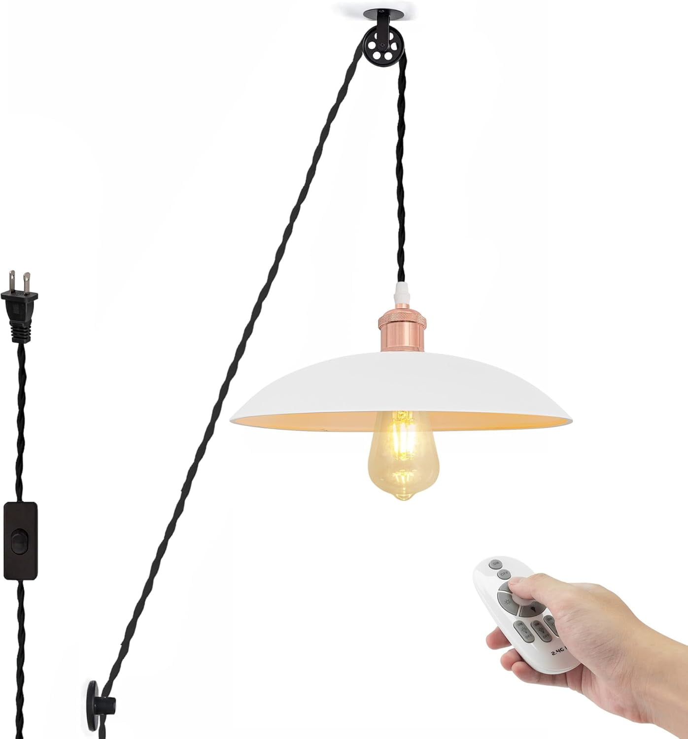 15ft Plug-in Dimmer Cord with Wheel White Cupola Shape Iron Shade, with ...