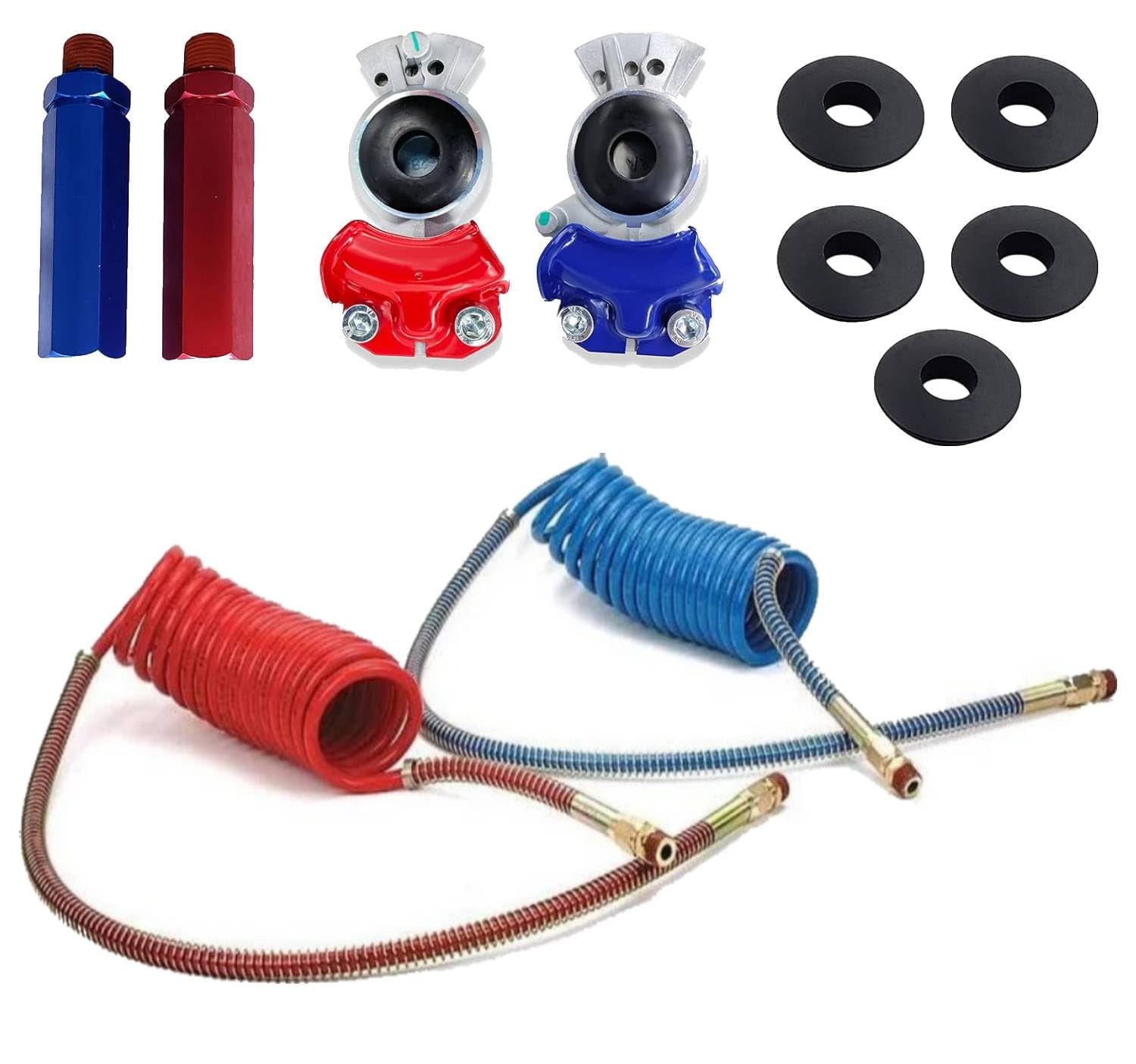15ft Red & Blue Coiled Air Hose Kit w/ Glad Hands & Aluminum Handles ...