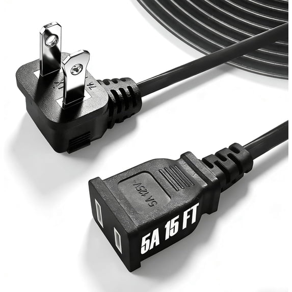 15ft Right Angle Extension Cord 5A 125V 625W Max, 2-Prong Black Slim ...