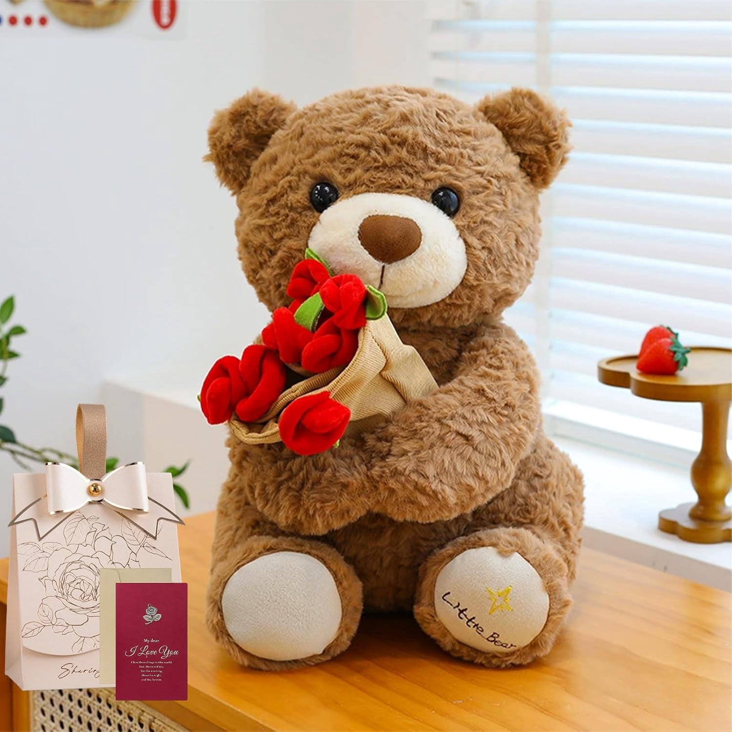 15in Cute Teddy Bear Plush Toy with Red Rose, Teddy Bear Stuffed Animal ...