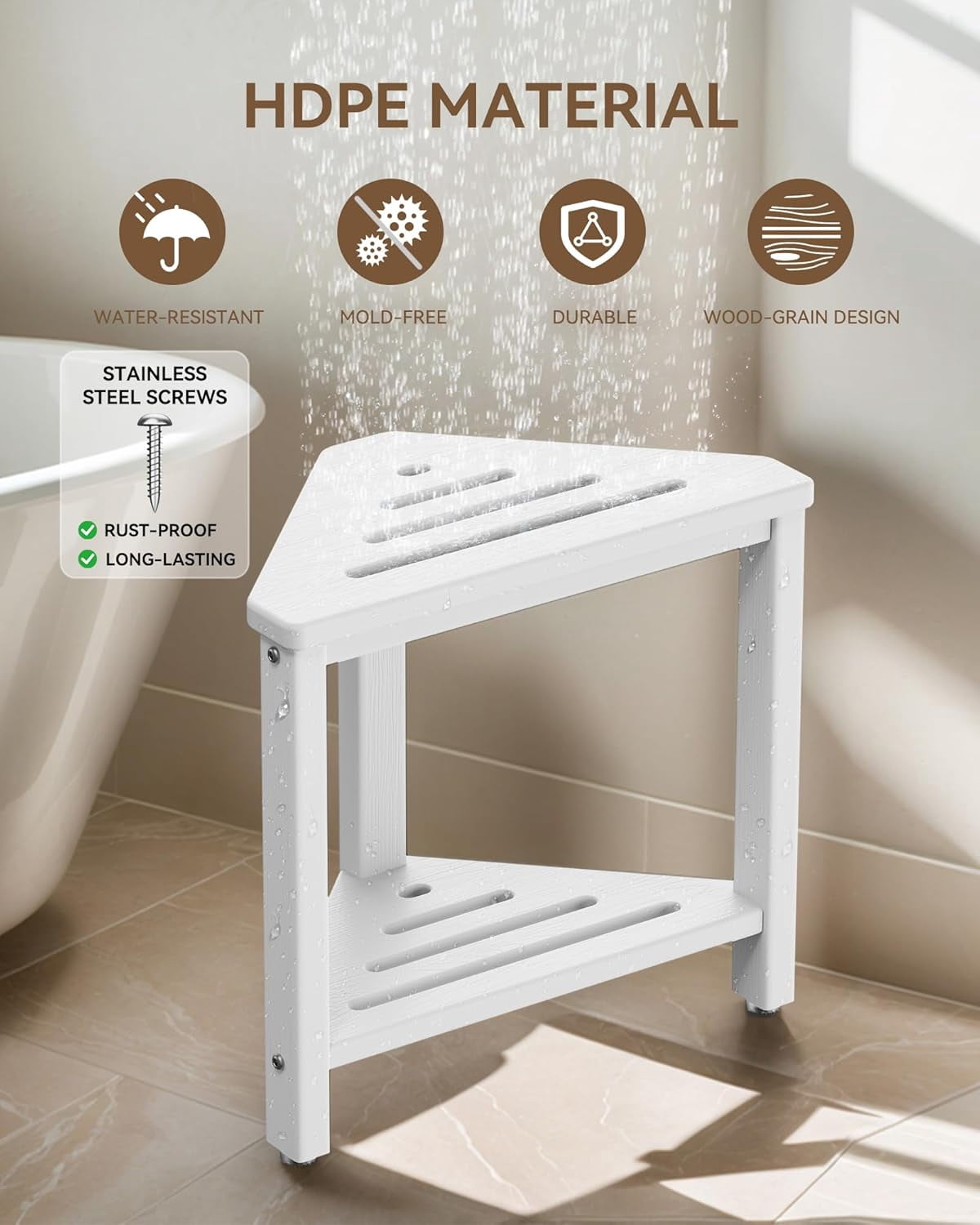 15in HDPE Waterproof Shower Stool, Corner Foot Rest with Storage Shelf ...
