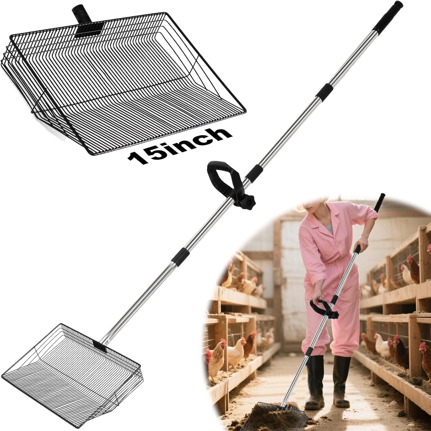 15inch Large Chicken Coop Scooper,Telescoping Chicken Manure Scraper ...