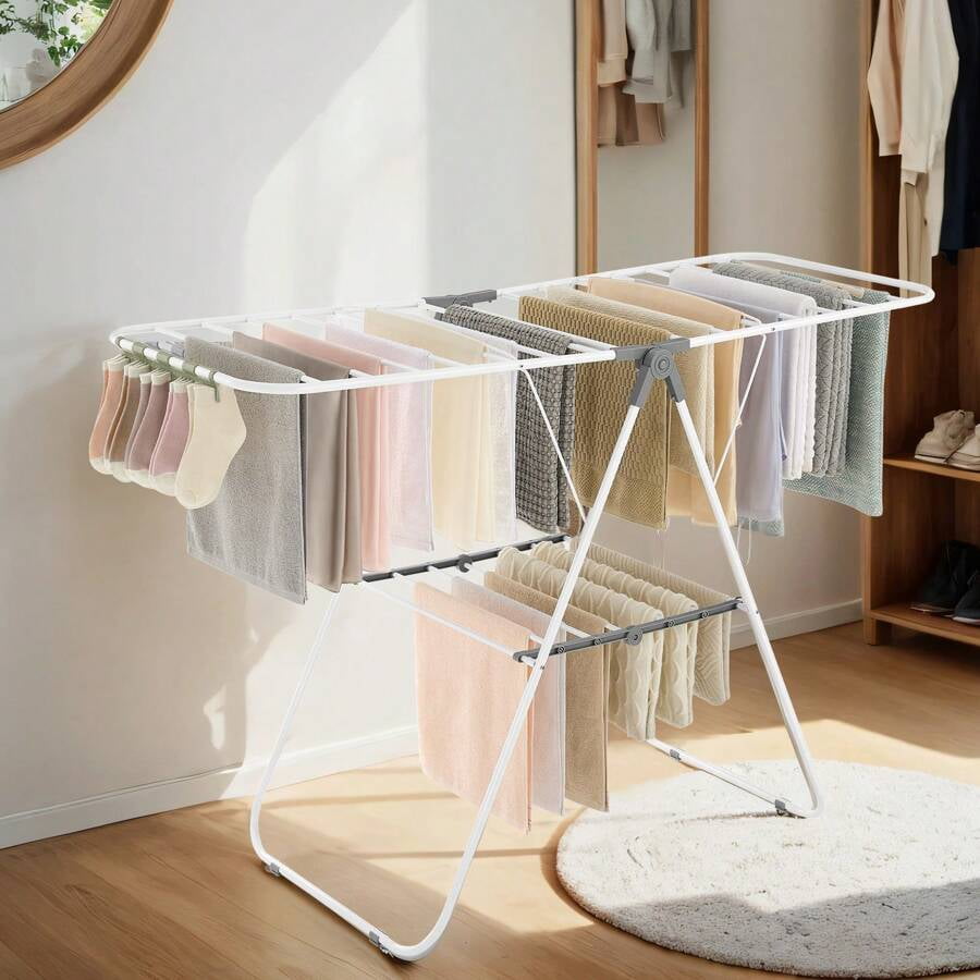 Freestanding Folding Drying Rack - 18 Rods & Sock Clips, No Assembly Space Saver, 15kg Rust ...