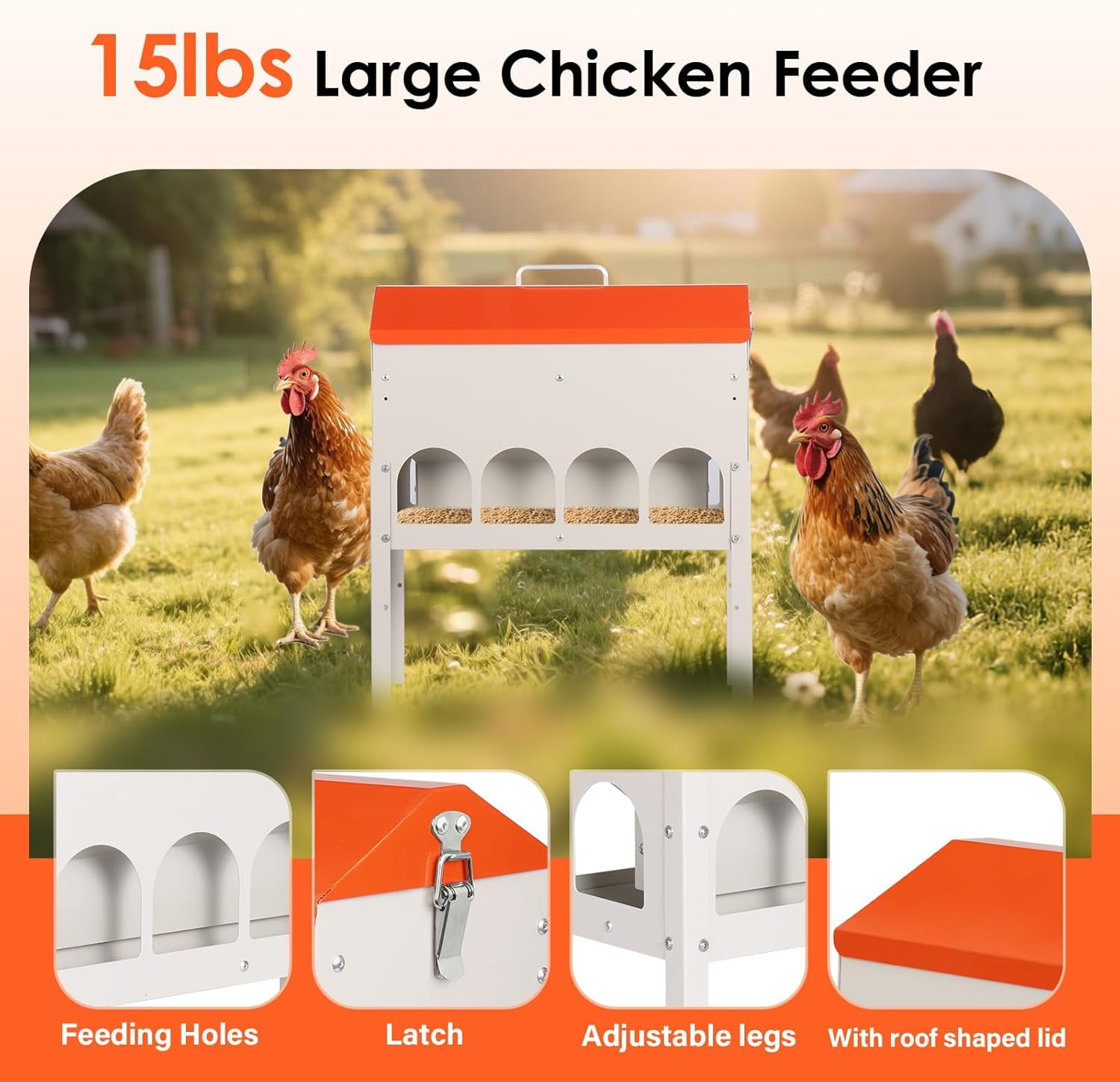 15lbs Automatic Chicken Feeder - 10 Feeding Ports, No Waste Poultry ...