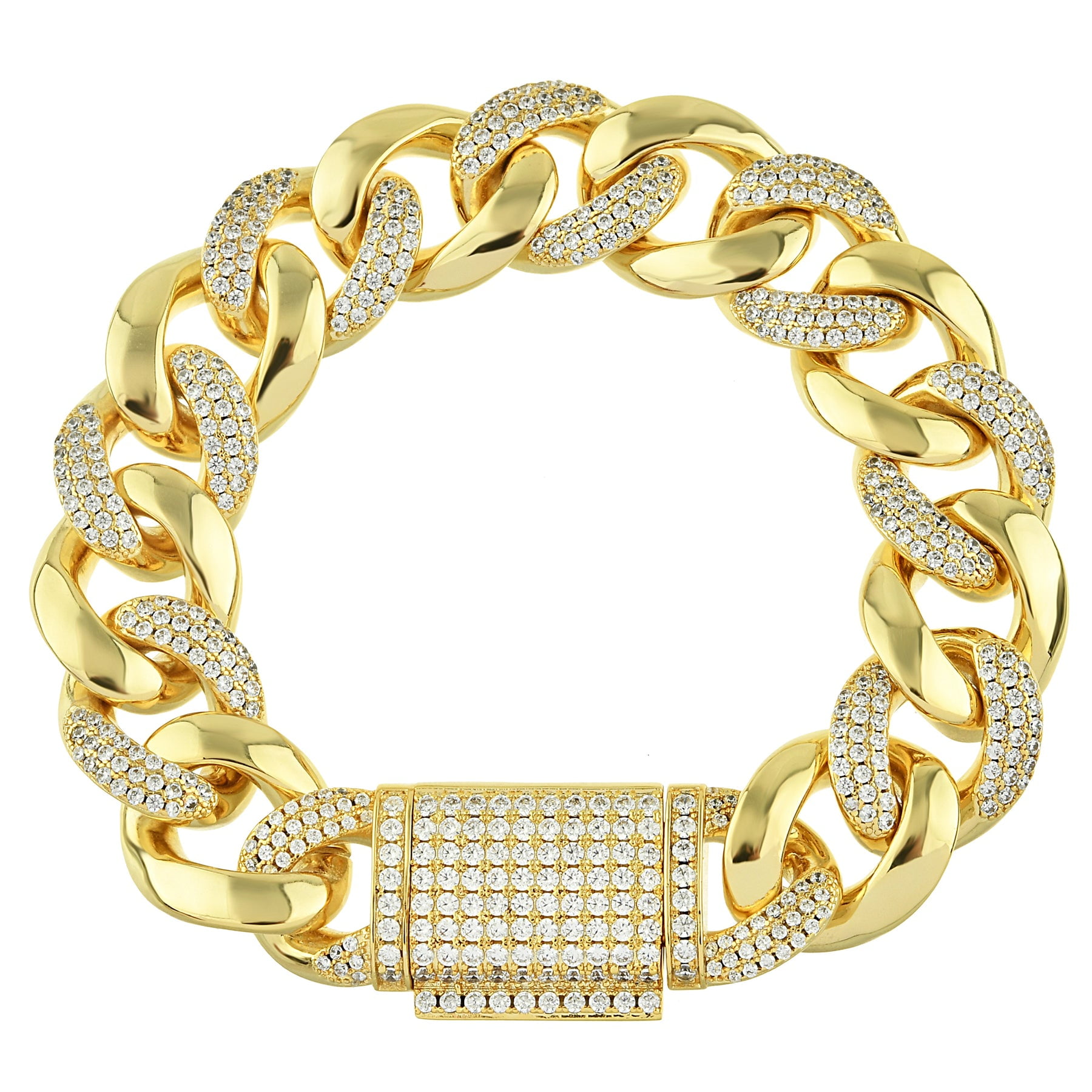 15mm Iced Out Curb Chain Bracelet 7.5 in - 14K Gold Plated Copper ...