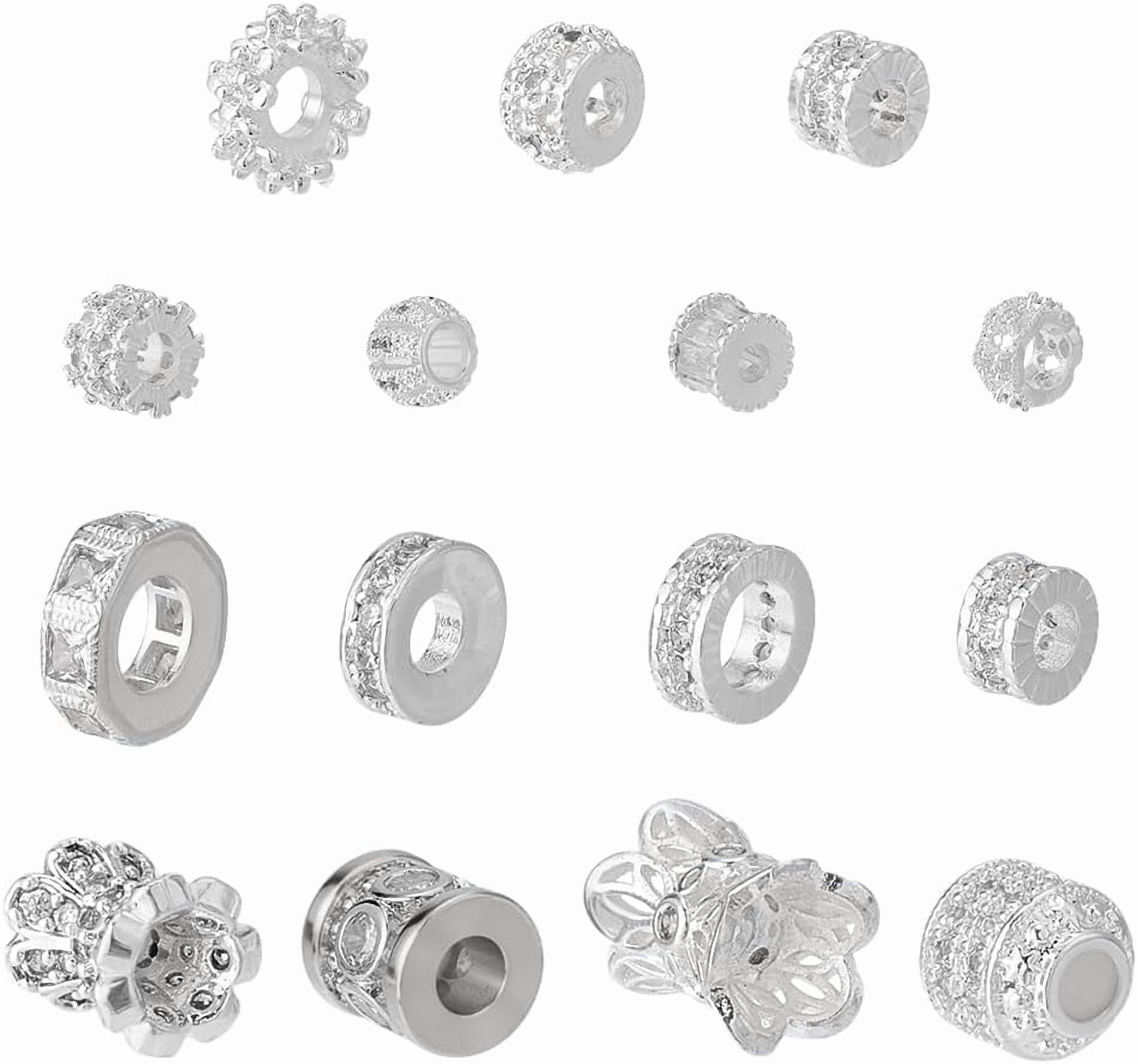 15pcs 15 Styles Rhinestone Spacer Beads Bracelet Spacers Silver Brass ...