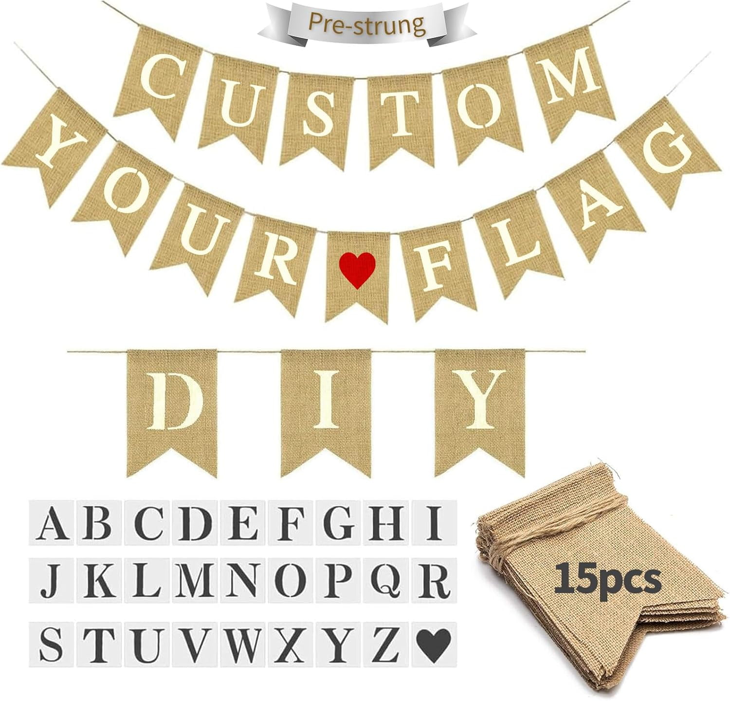 15pcs Burlap Banner Handwriting Banner Kit-Include 26 Letters and heart ...