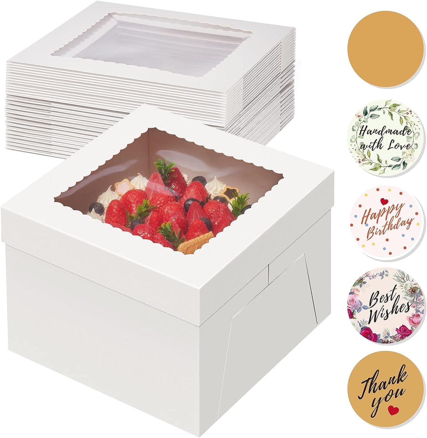 15pcs Cake Boxes, 10x10x8 Inches Tall Cake Box with Window, White ...