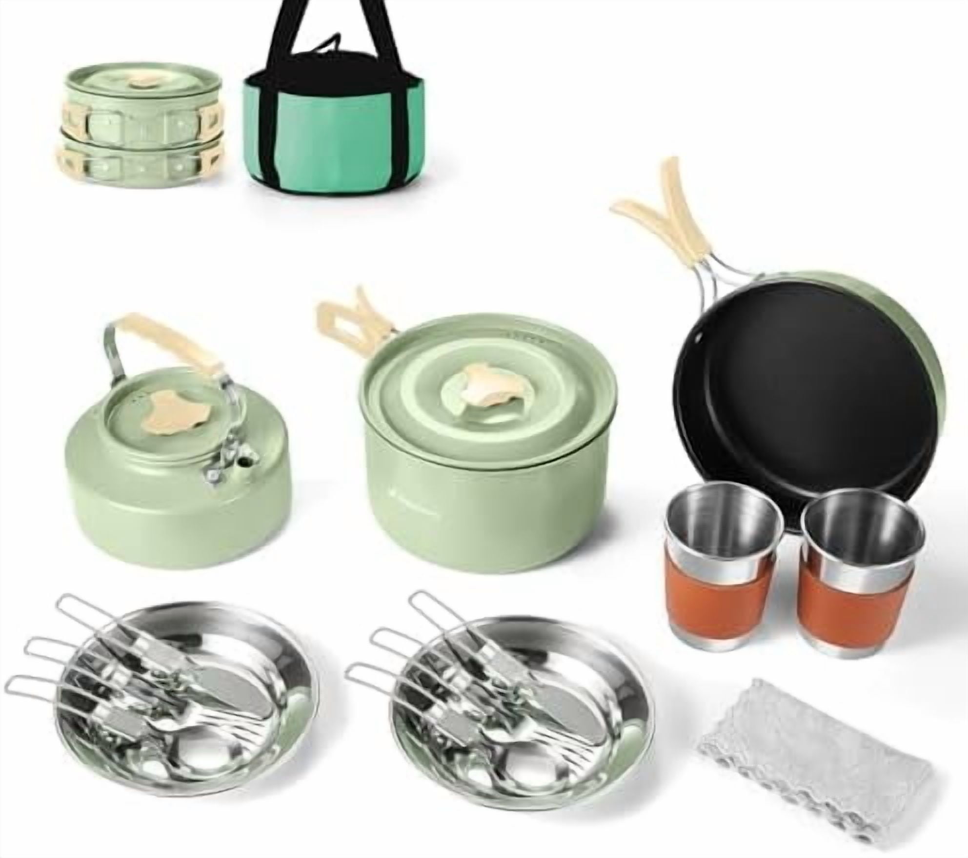 15pcs Camping Cookware Mess Kit, Non-Stick Lightweight Pot Pan Kettle ...