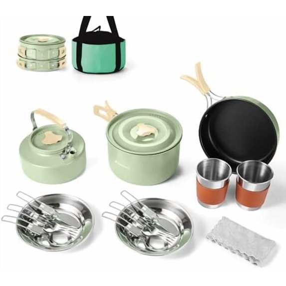 15pcs Camping Cookware Mess Kit, Non-Stick Lightweight Pot Pan Kettle ...