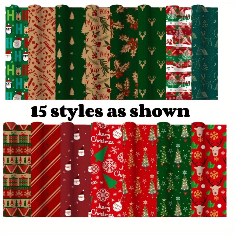 15pcs Christmas Wrapping Paper Set - Matte Kraft With Festive Patterns ...