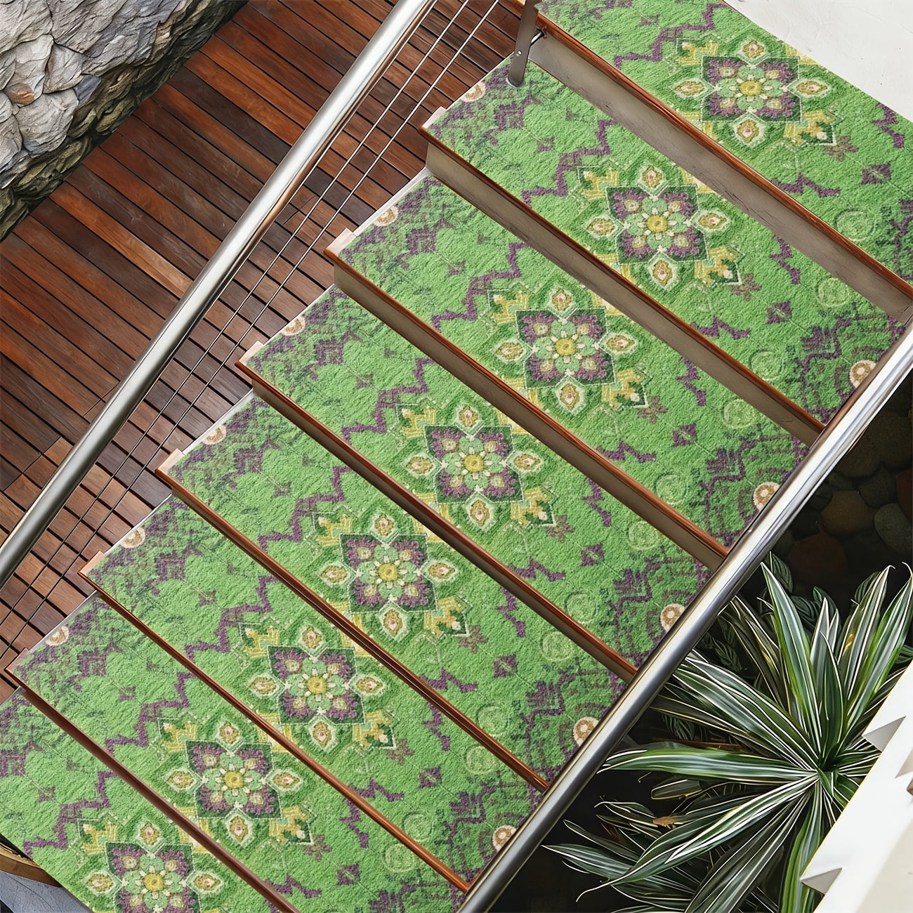 15pcs Fresh Green Geometric Floral Pattern Stair Mats Non-Slip Washable ...