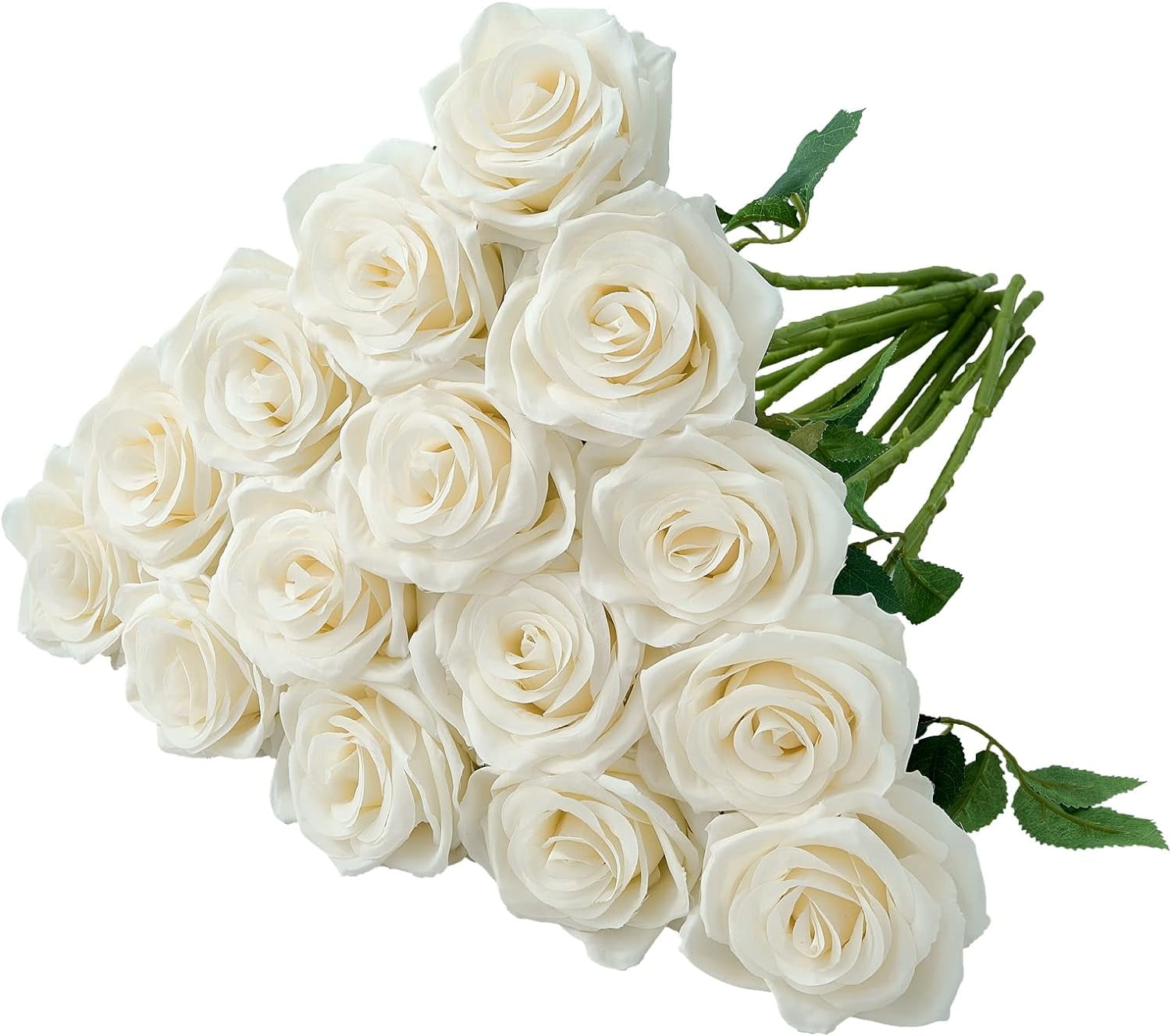 15pcs Ivory Roses Silk Fake Flowers Realistic White Roses Bouquet Long ...