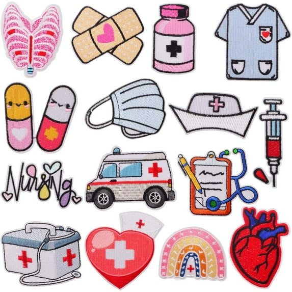 15pcs Nurse Iron/Sew on Patches Cartoon Pill Heart Rainbow Syringe ...