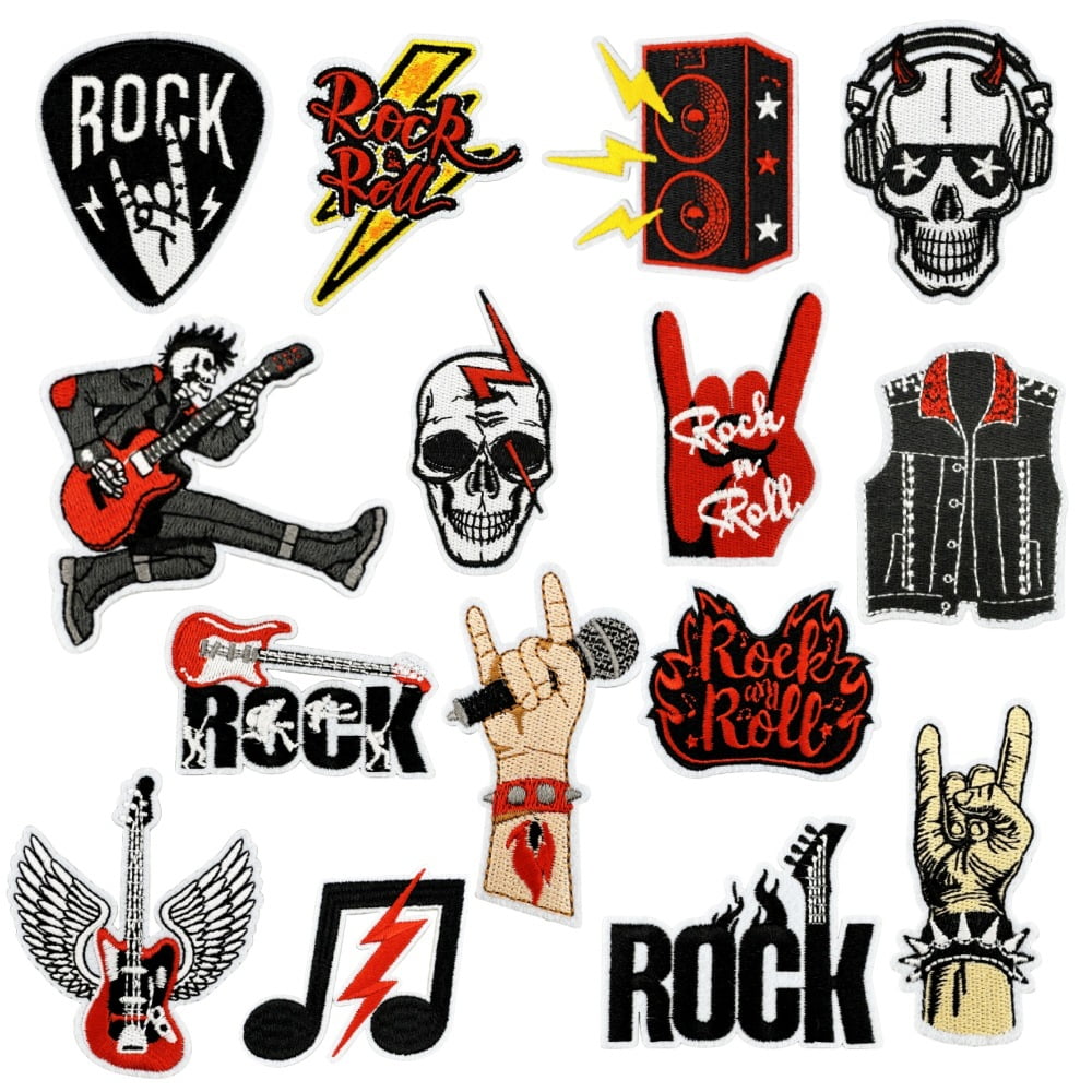 15pcs Rock & Roll Iron-On Patch Set – Embroidered Music Skull Guitar ...