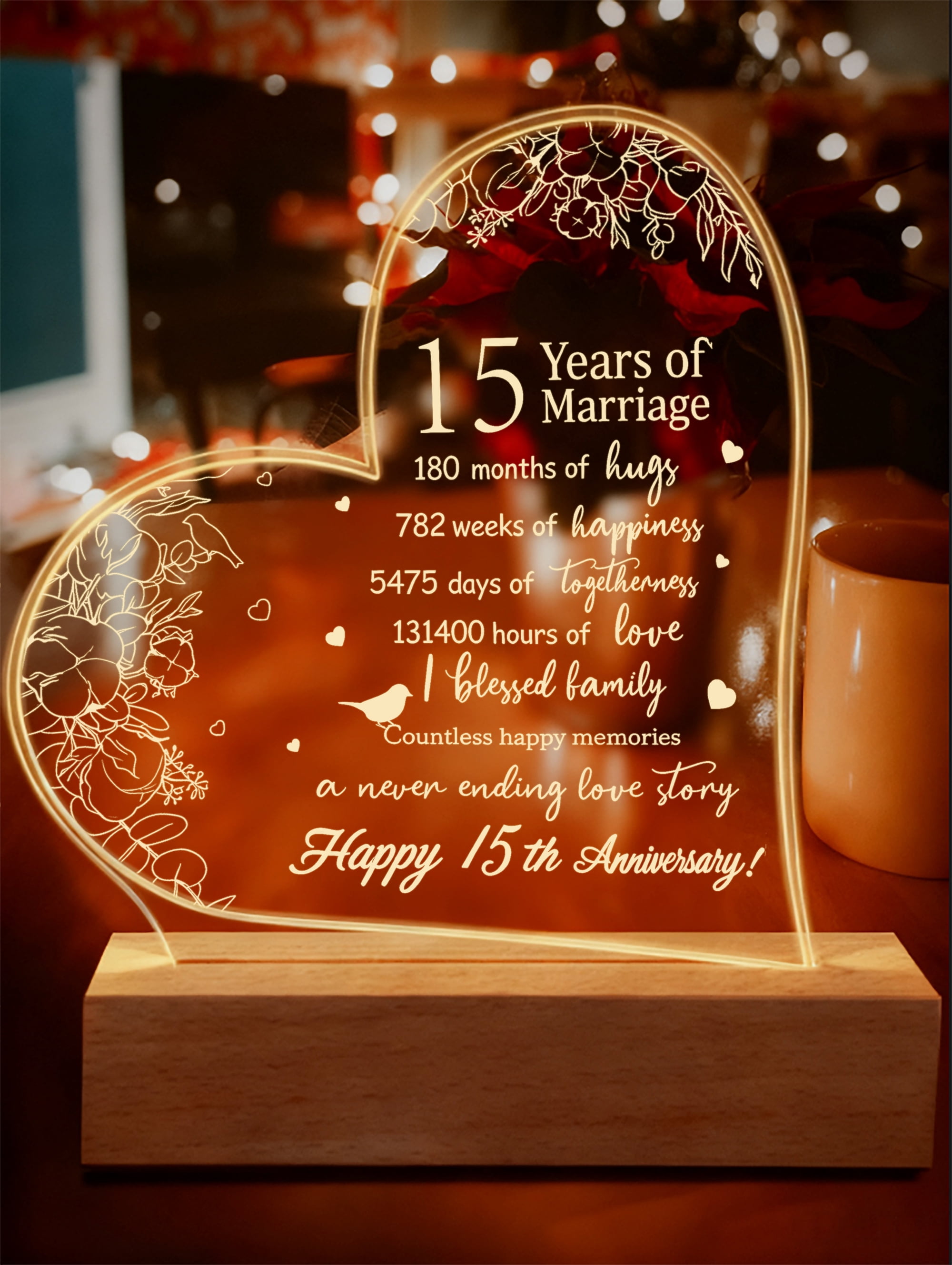 15th Anniversary Acrylic LED Night Light - Heart Marriage Keepsake ...