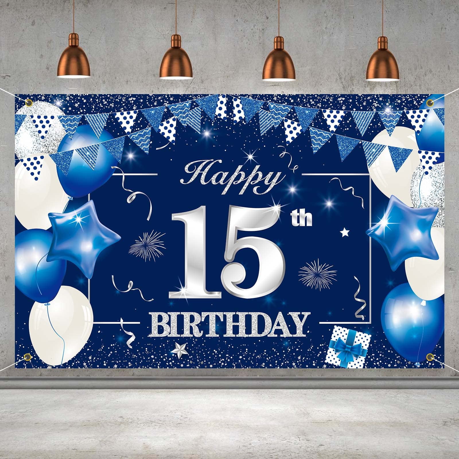 15th Birthday Banner Backdrop - Blue Silver Decorations - Boys and Girls Party Supplies - 6 x ...
