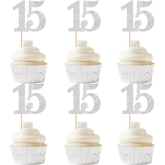 15th Birthday Cupcake Toppers 12 PCS, Silver Glitter Number 15 Cupcake ...