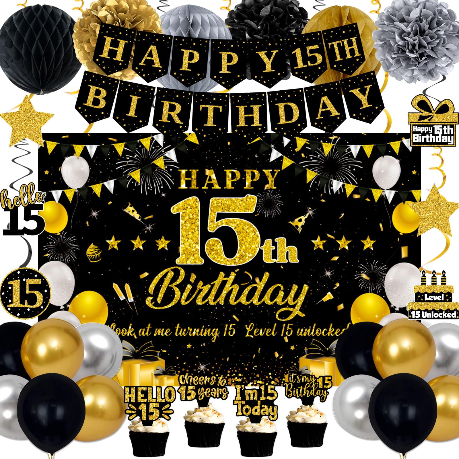 15th Birthday Decorations for Boys Girls, Black Gold 15th Birthday ...